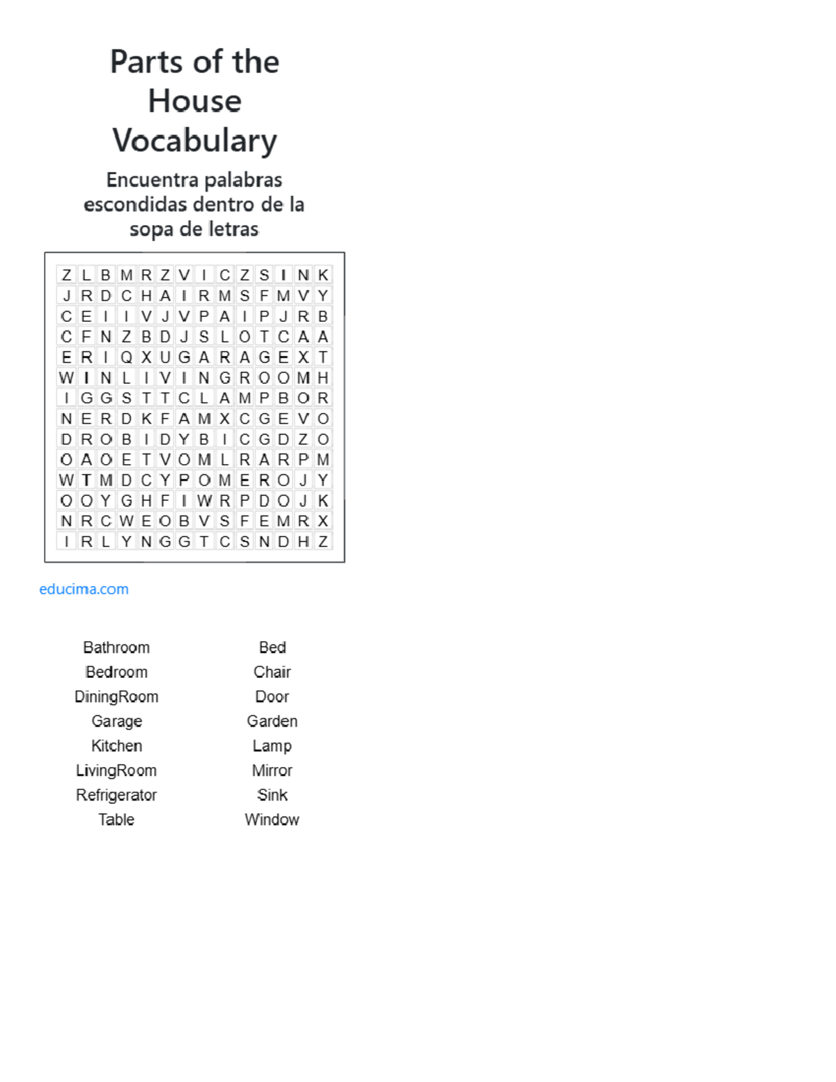 Wordsearch - parts of the house vocabulary - Parts of the House ...