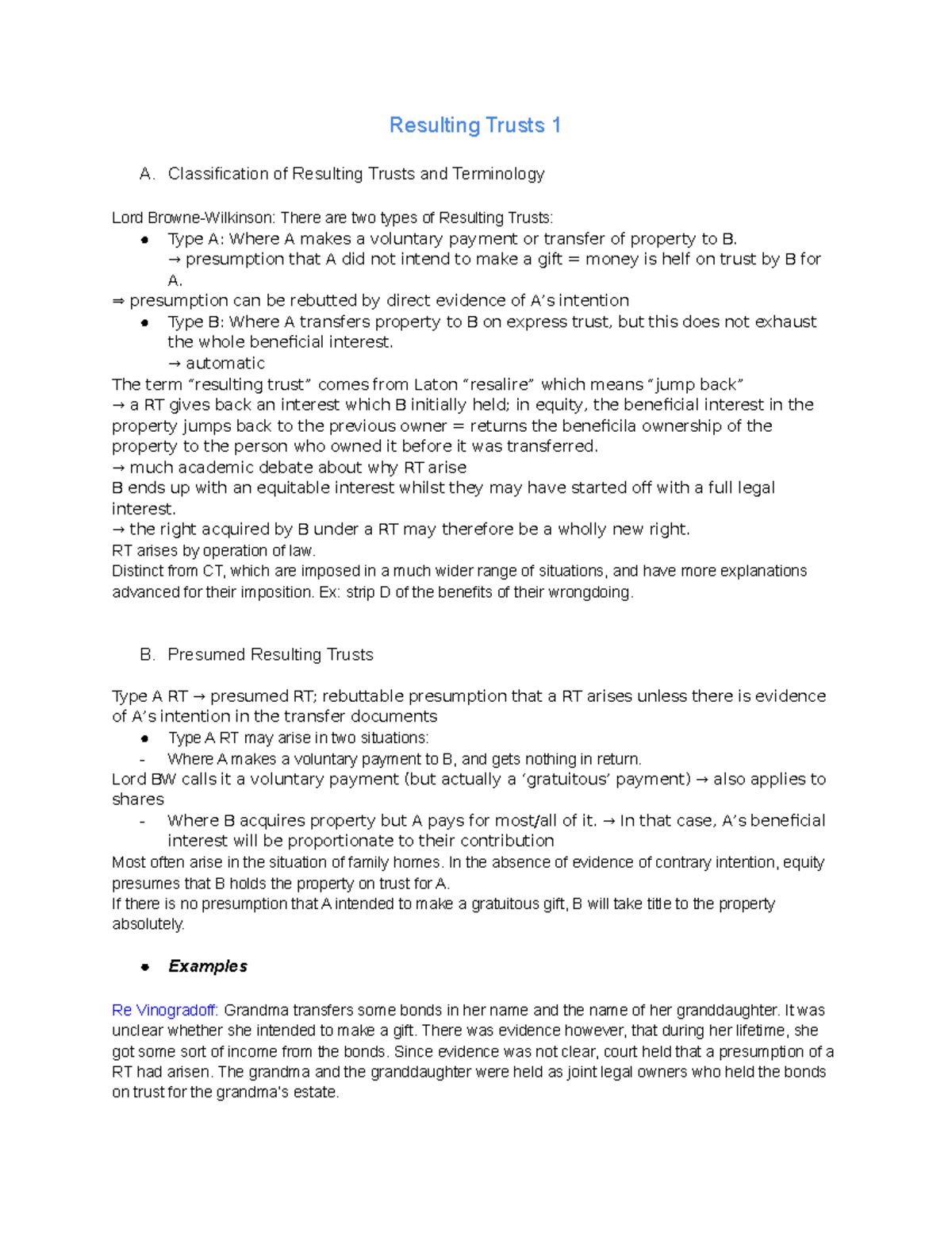 Lecture 16 Trust & Equity - Revisions - Resulting Trusts 1 A ...