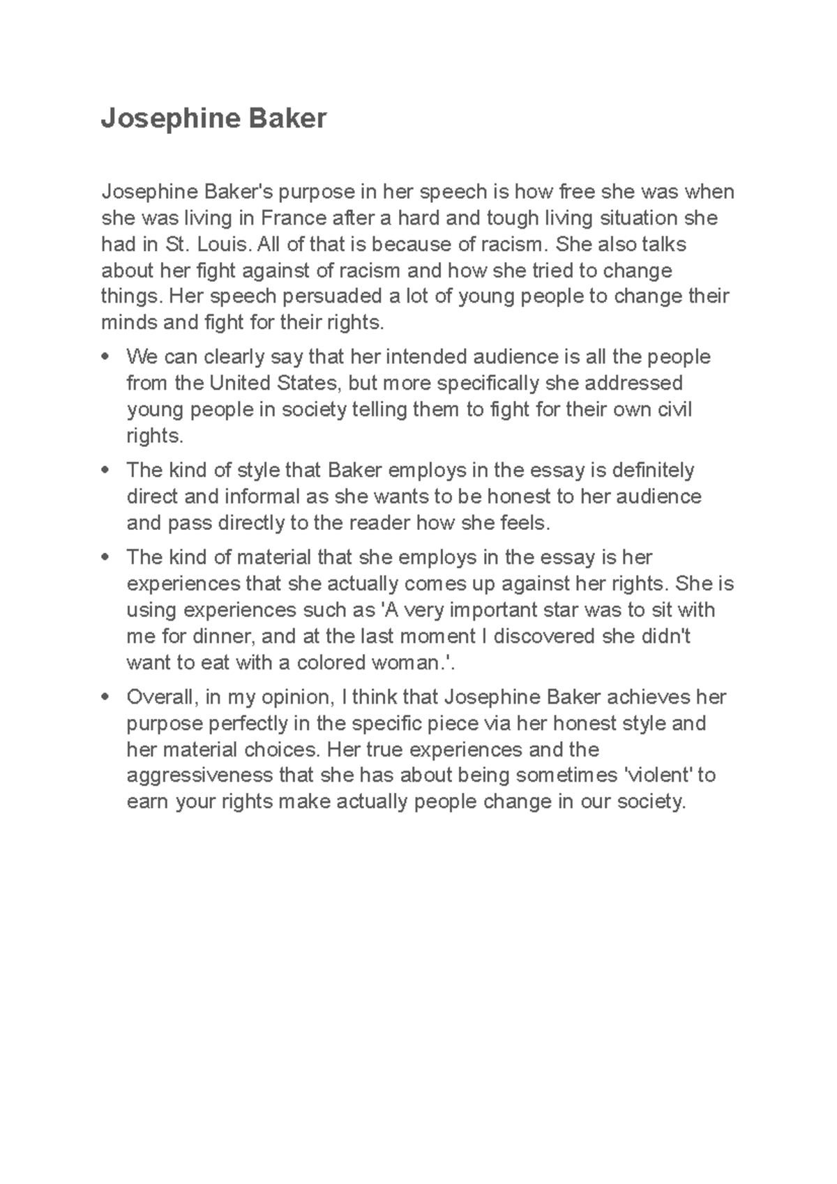 Josephine baker speech analysis - Josephine Baker Josephine Baker's ...