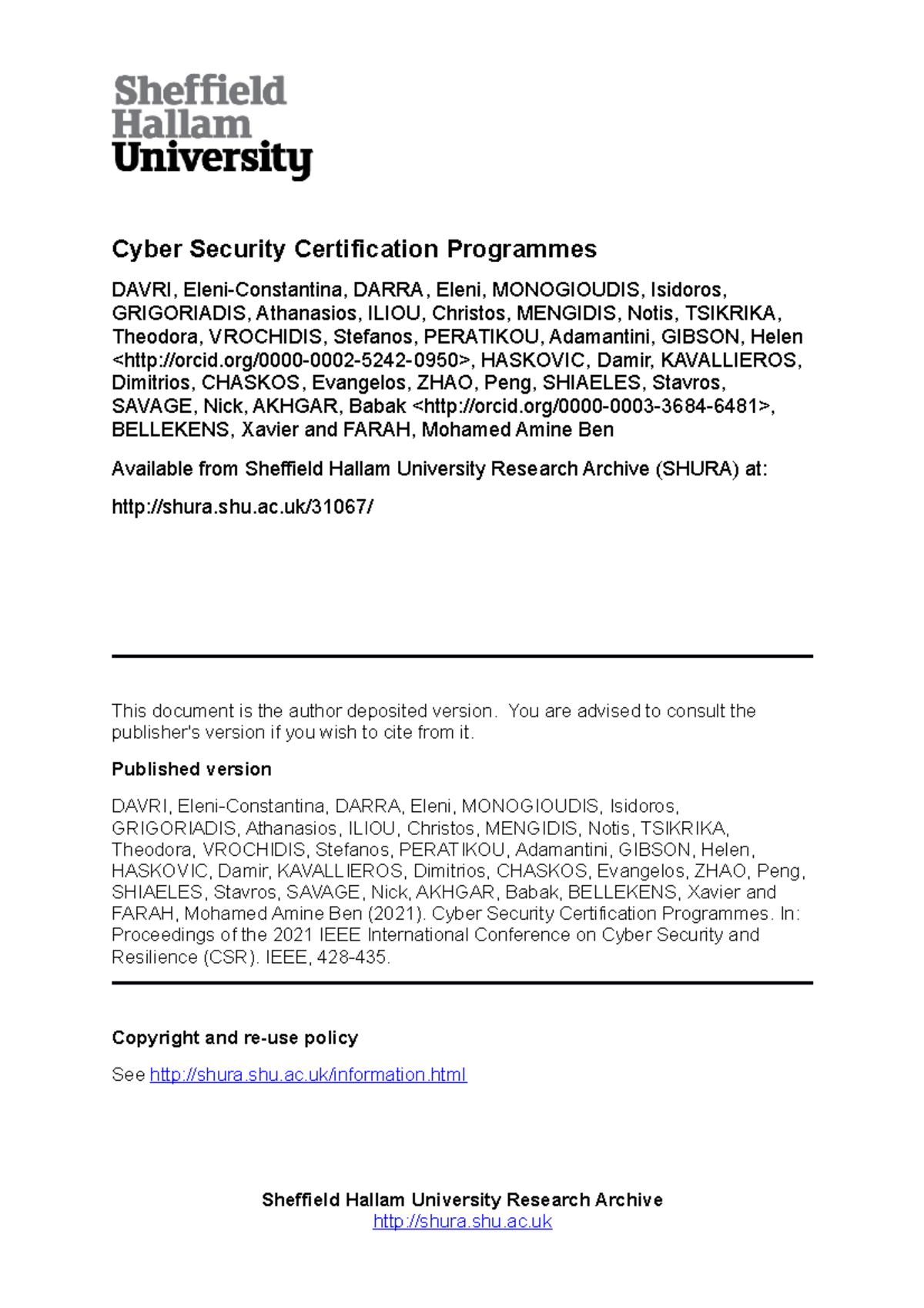 Cyber Security Certification Programmes - shu.ac/31067/ This document ...