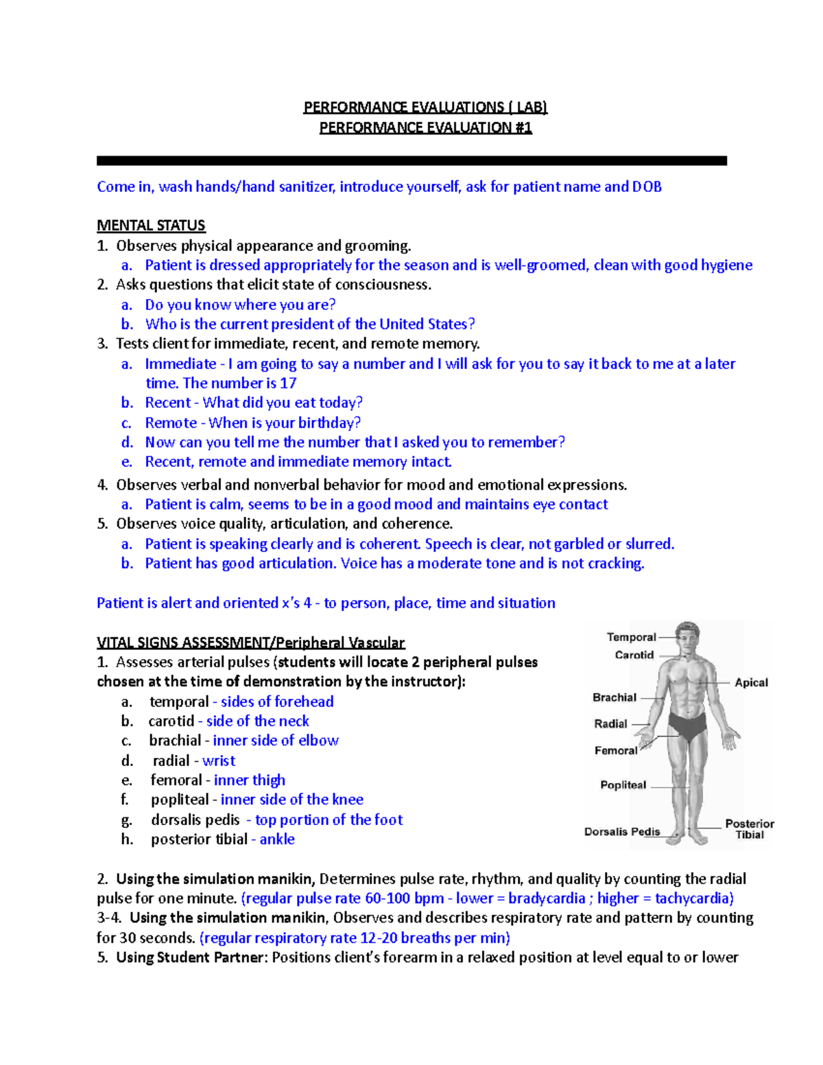 Health Eval #1 - Study for eval 1 - PERFORMANCE EVALUATIONS ( LAB ...