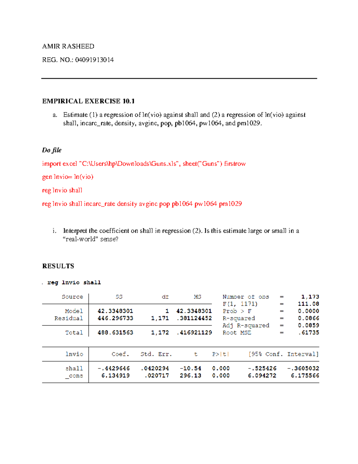 AMIR Rasheed - ASSIGNMENT - AMIR RASHEED REG. NO.: 04091913014 EMPIRICAL EXERCISE 10. a ...