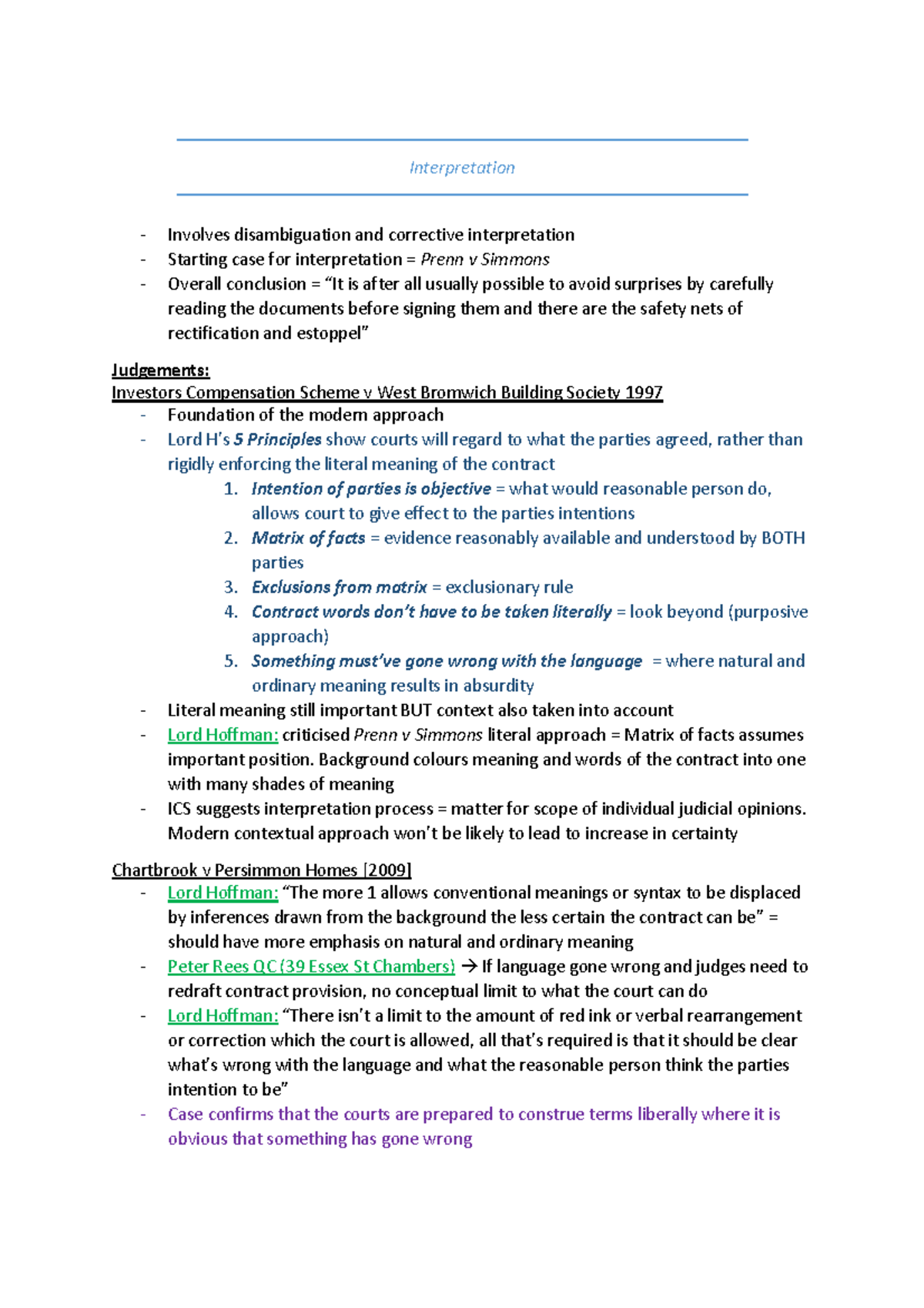 Contract Law LLB notes - Interpretation Involves disambiguation and ...