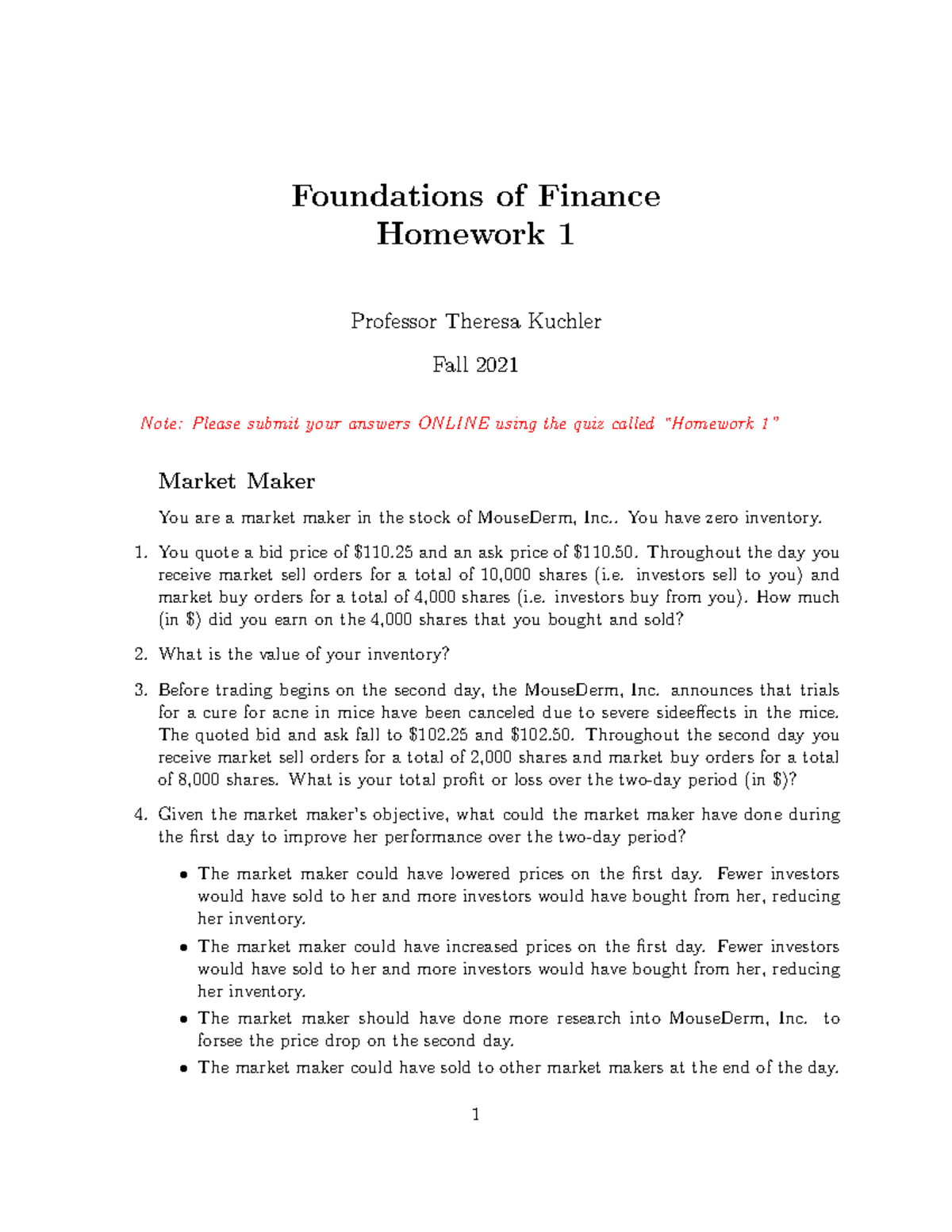Homework 1 - Kuchler - Foundations of Finance Homework 1 Professor ...