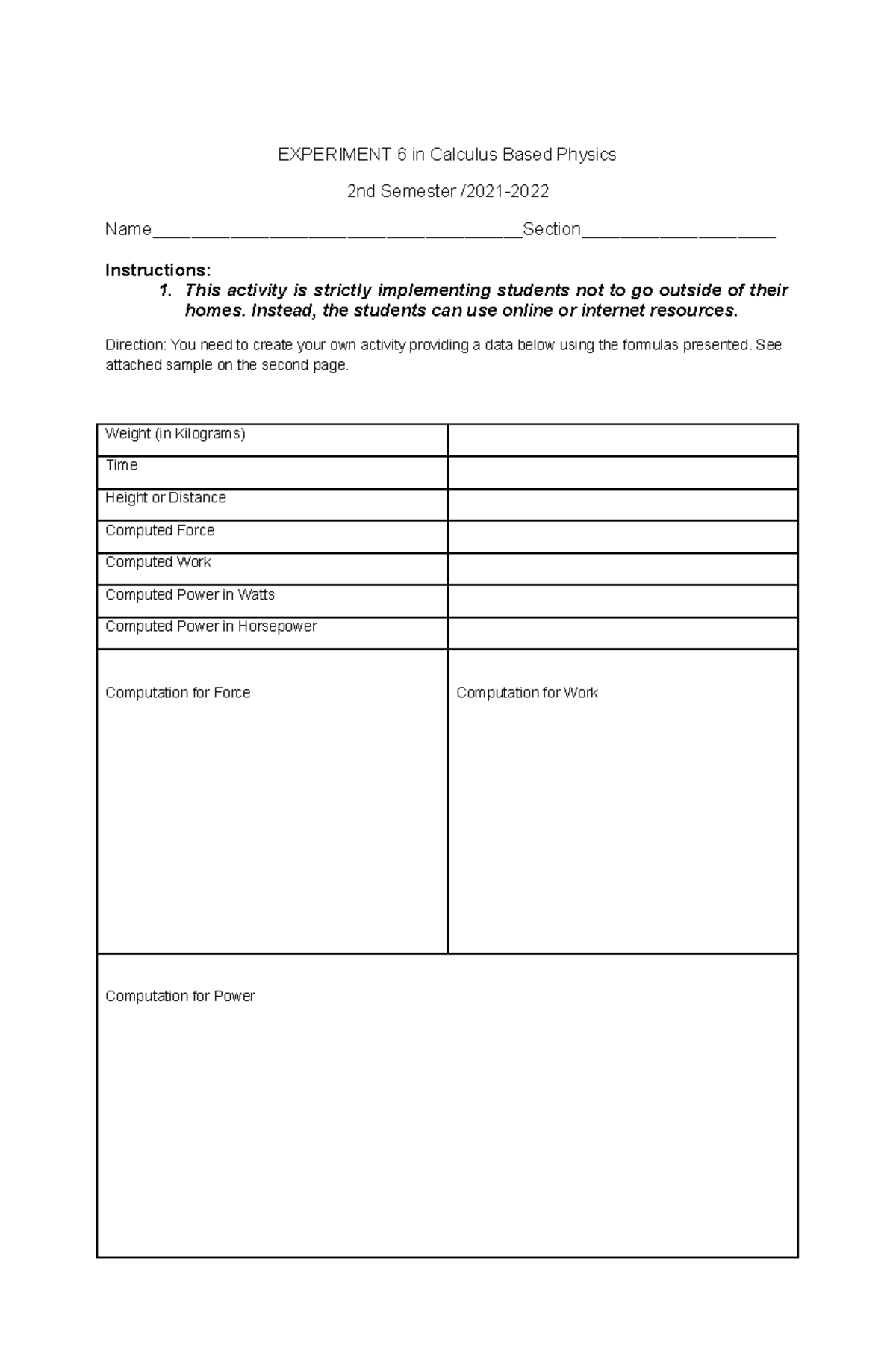 Experiment 6 - Force, WORK AND Power - EXPERIMENT 6 in Calculus Based ...