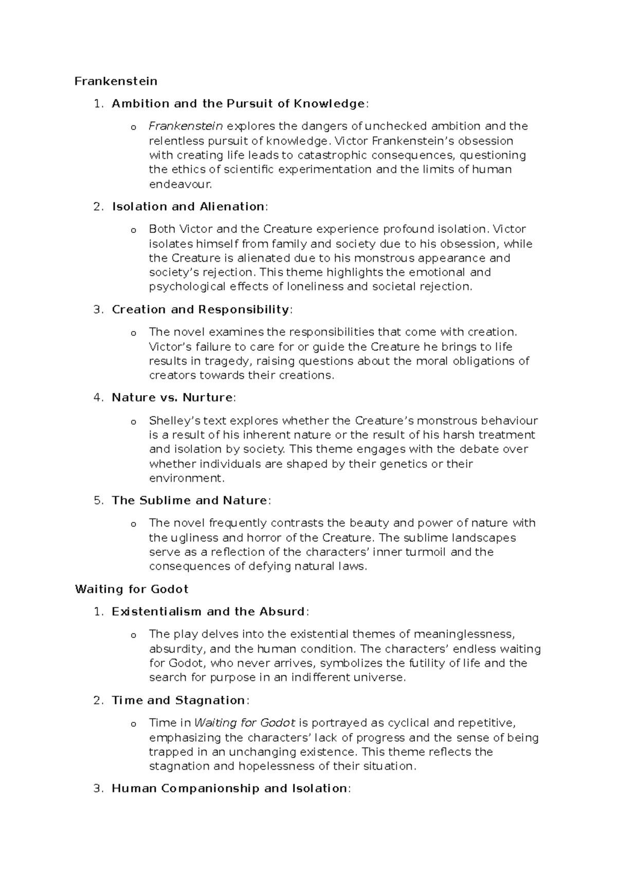 Thematic notes - Summary Frankenstein - Frankenstein 1. Ambition and ...