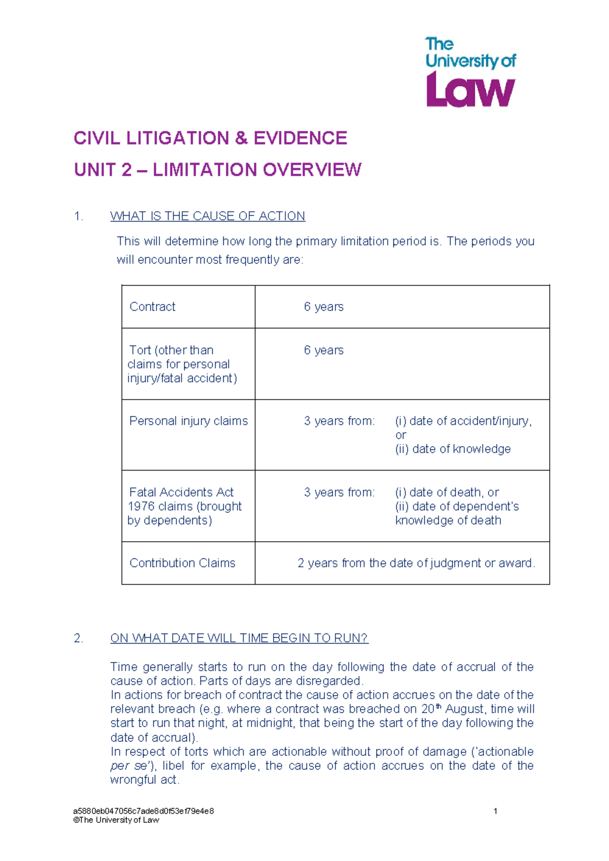 Limitation Overview - adad - CIVIL LITIGATION & EVIDENCE UNIT 2 ...