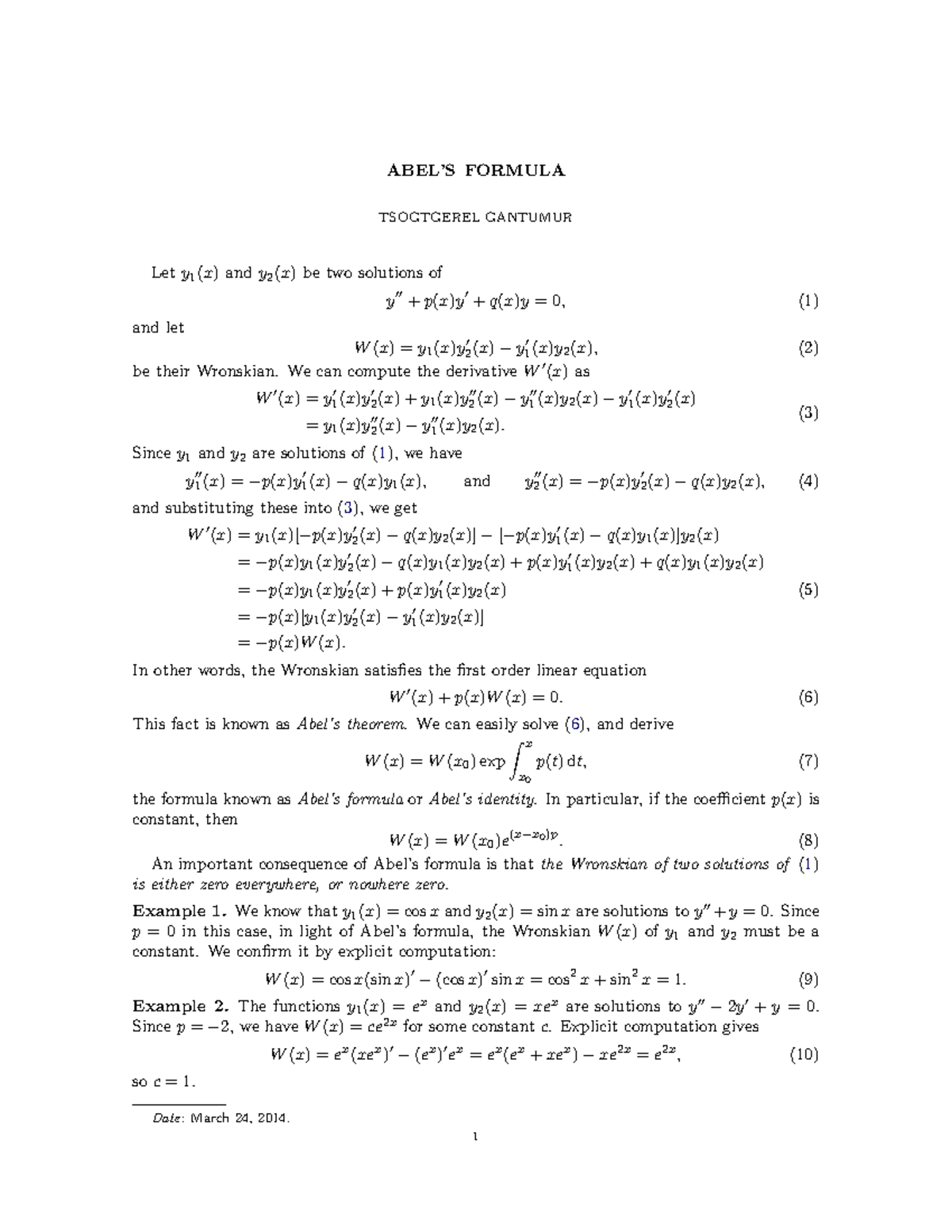Abel's formula - asdfg - ABEL’S FORMULA TSOGTGEREL GANTUMUR Lety 1 (x ...