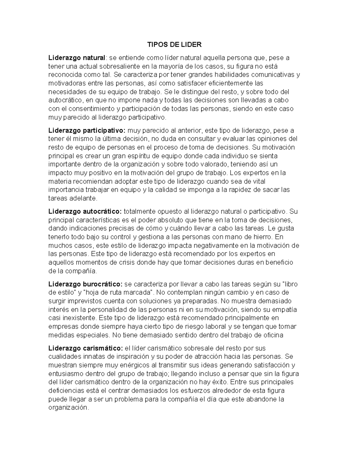 Tipos DE Lider - TIPOS DE LIDER Liderazgo natural: se entiende como ...