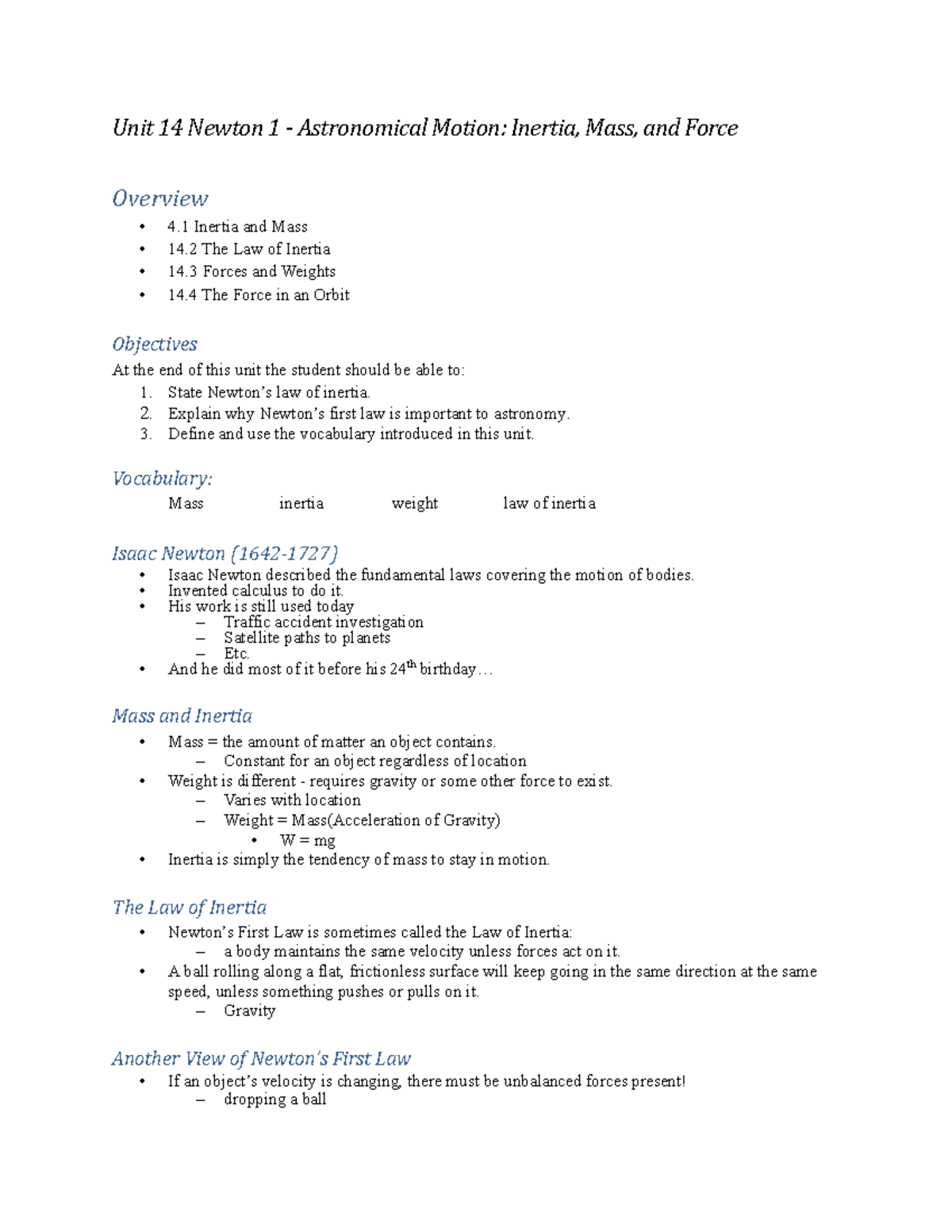 Unit 14 Newton 1 inertia - Unit 14 Newton 1 - Astronomical Motion ...