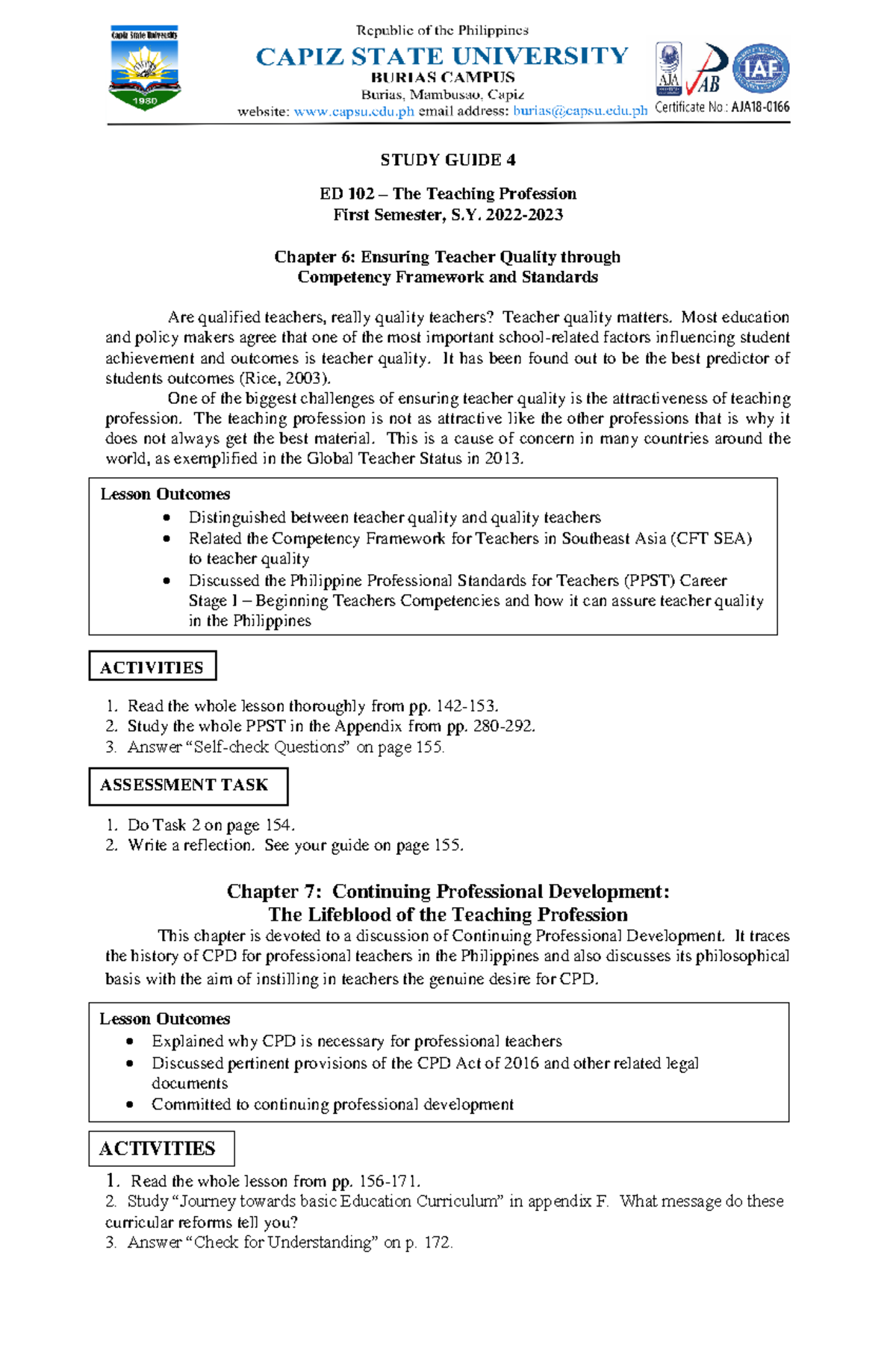 ED 102 Study Guide 4 1 - STUDY GUIDE 4 ED 102 – The Teaching Profession ...