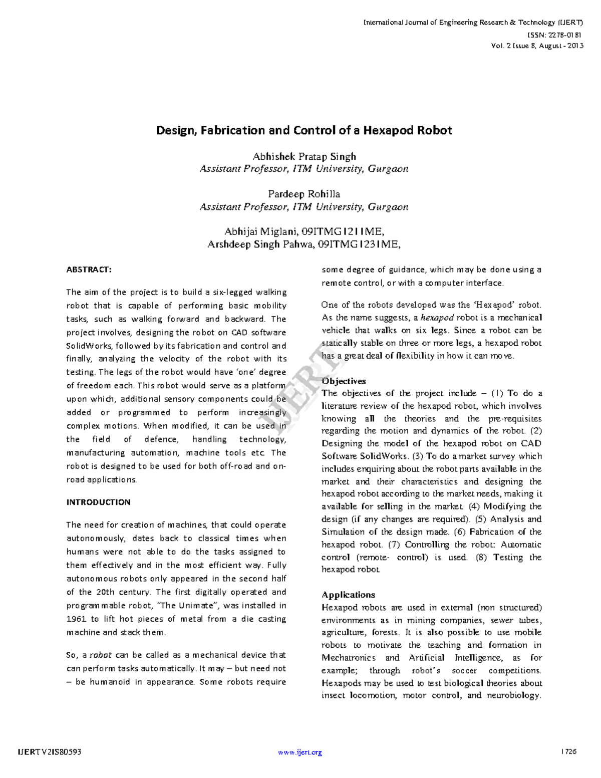 Design fabrication and control of a hexapod robot Ijertv 2IS80593 ...