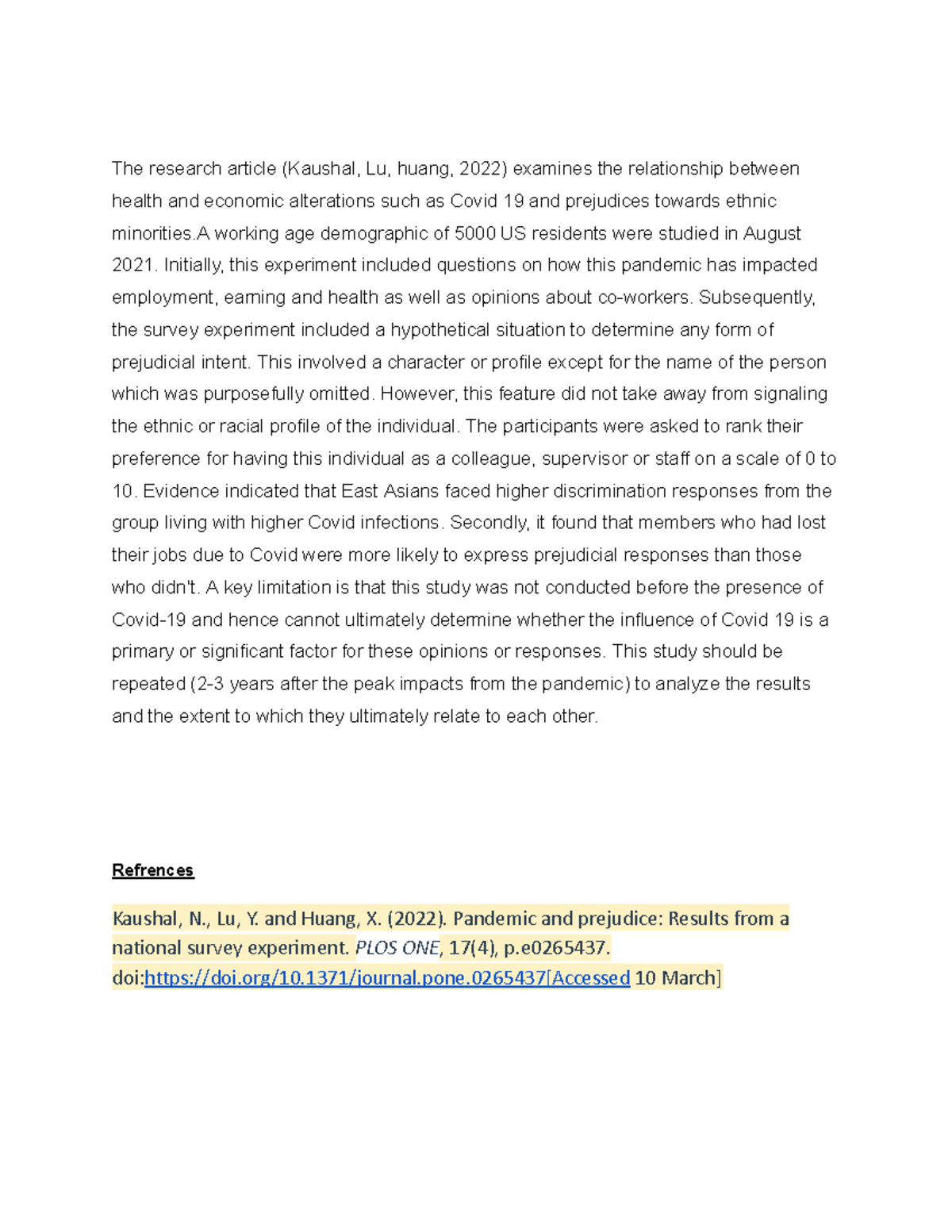 PSYC 1 A assignment - assessment 1 A - The research article (Kaushal ...