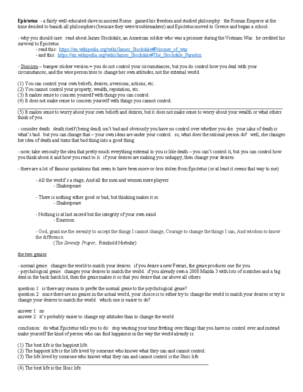 Handout 29 epictetus - Lecture notes 29 - Epictetus - a fairly well ...