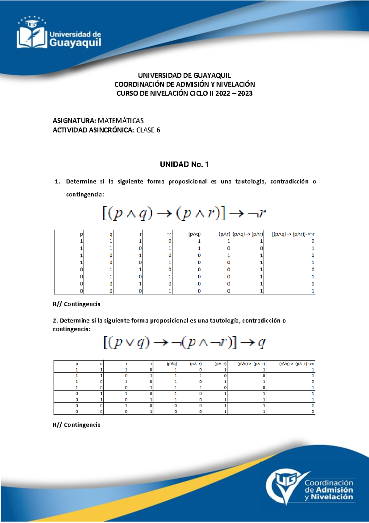 Deber 6 - Pre de ing. civil - Matematicas - UNIVERSIDAD DE GUAYAQUIL COORDINACIÓN DE ADMISIÓN Y ...