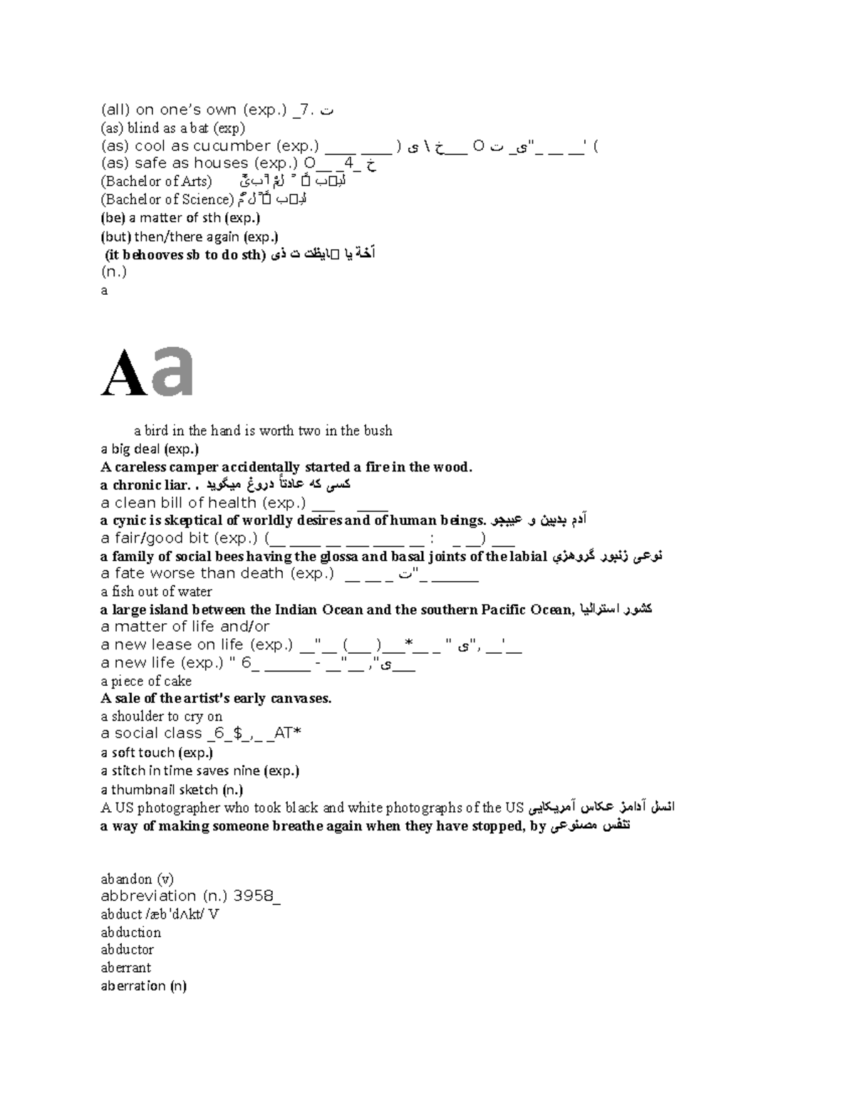 $abc - PRACTICE MATERIAL - (all) on one’s own (exp.) _7. ت (as) blind as a bat (exp) (as) cool ...