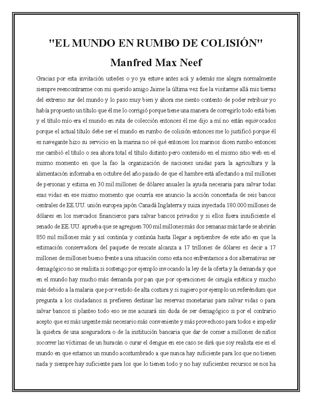 EL Mundo EN Rumbo DE Colisión, Manfred Max Neef - "EL MUNDO EN RUMBO DE ...