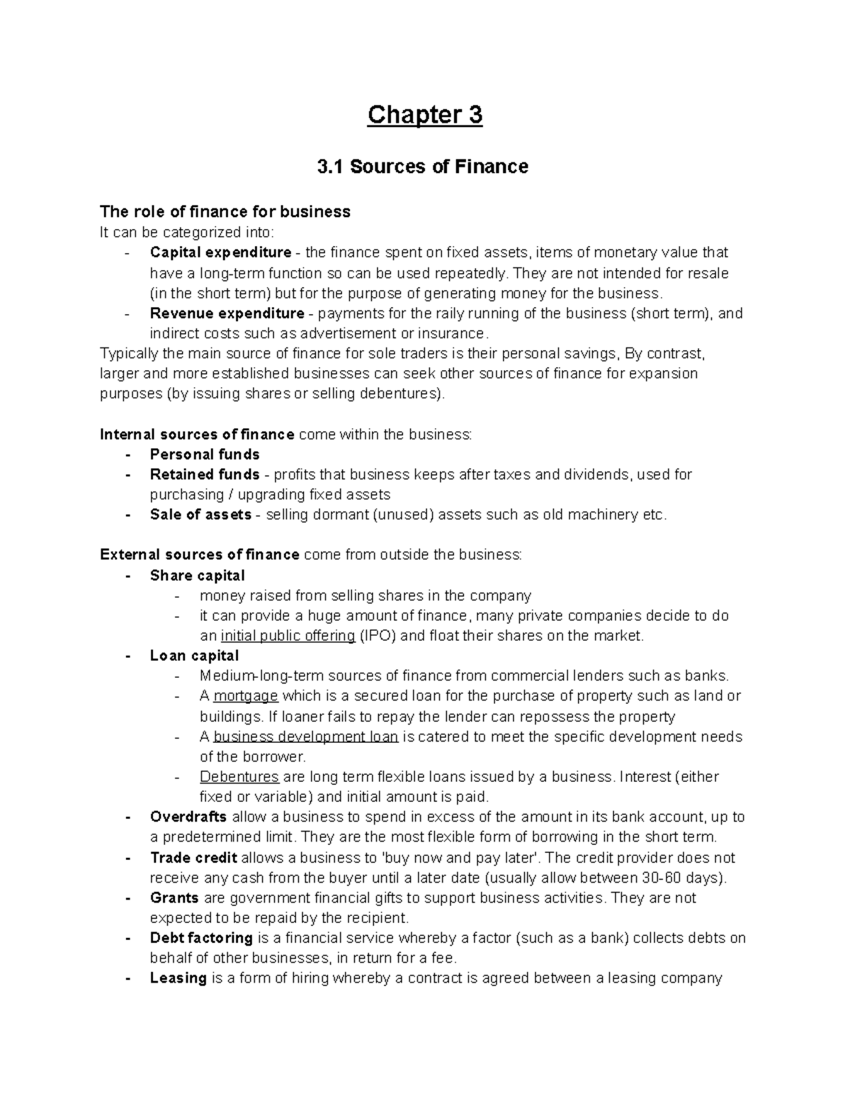 Business Review Chapter 3 - Chapter 3 3 Sources of Finance The role of ...