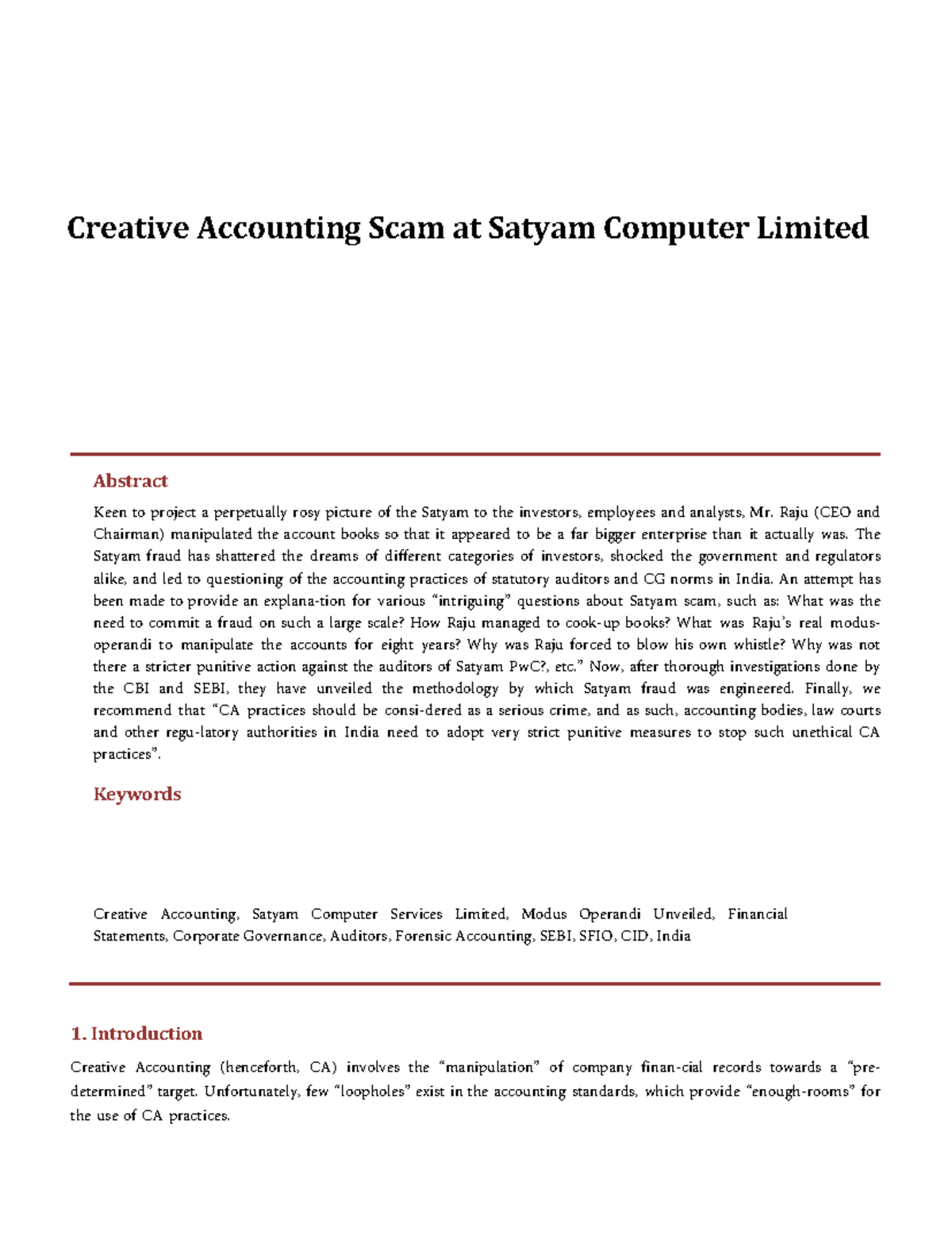Creative Accounting Scam at Satyam Computer Limited - Creative Accounting Scam at Satyam ...
