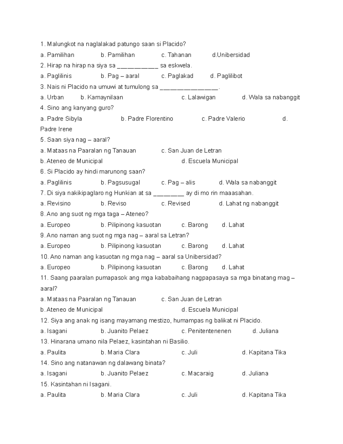 Pagsusulit sA El Filibusterismo - Kabanata 12 - Malungkot na naglalakad ...