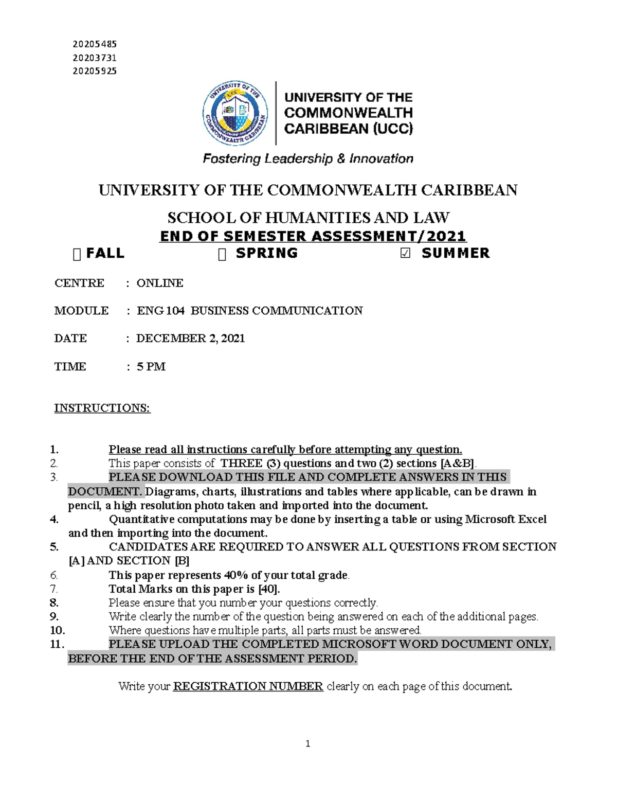 Group 11 - BUS COMM Project copy - 20203731 20205925 UNIVERSITY OF THE ...