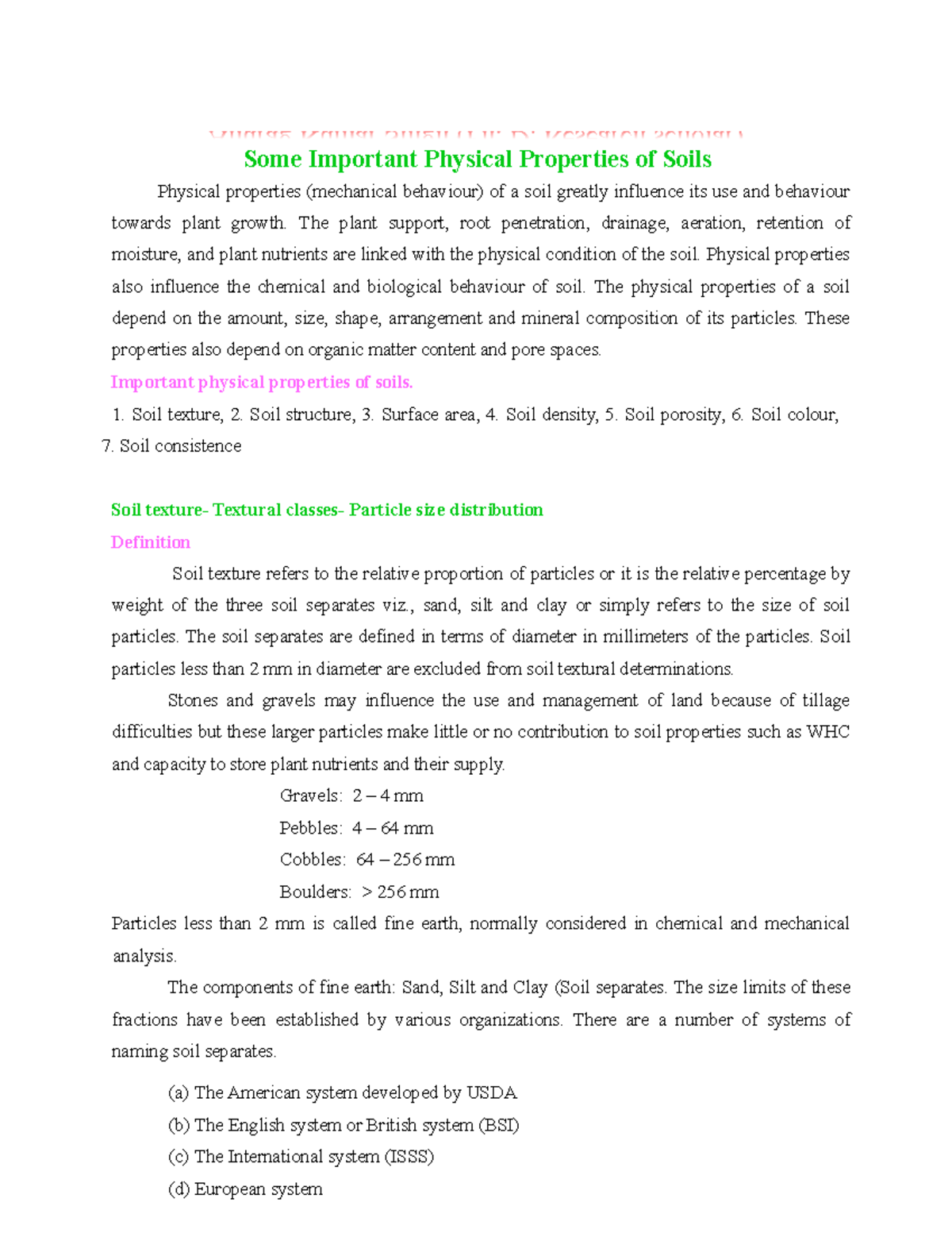 Physical properties of soil - Some Important Physical Properties of Soils Physical properties ...