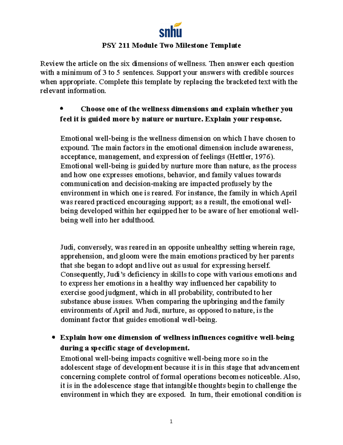 PSY 211 Module Two Milestone -Final - PSY211 - SNHU - Studocu