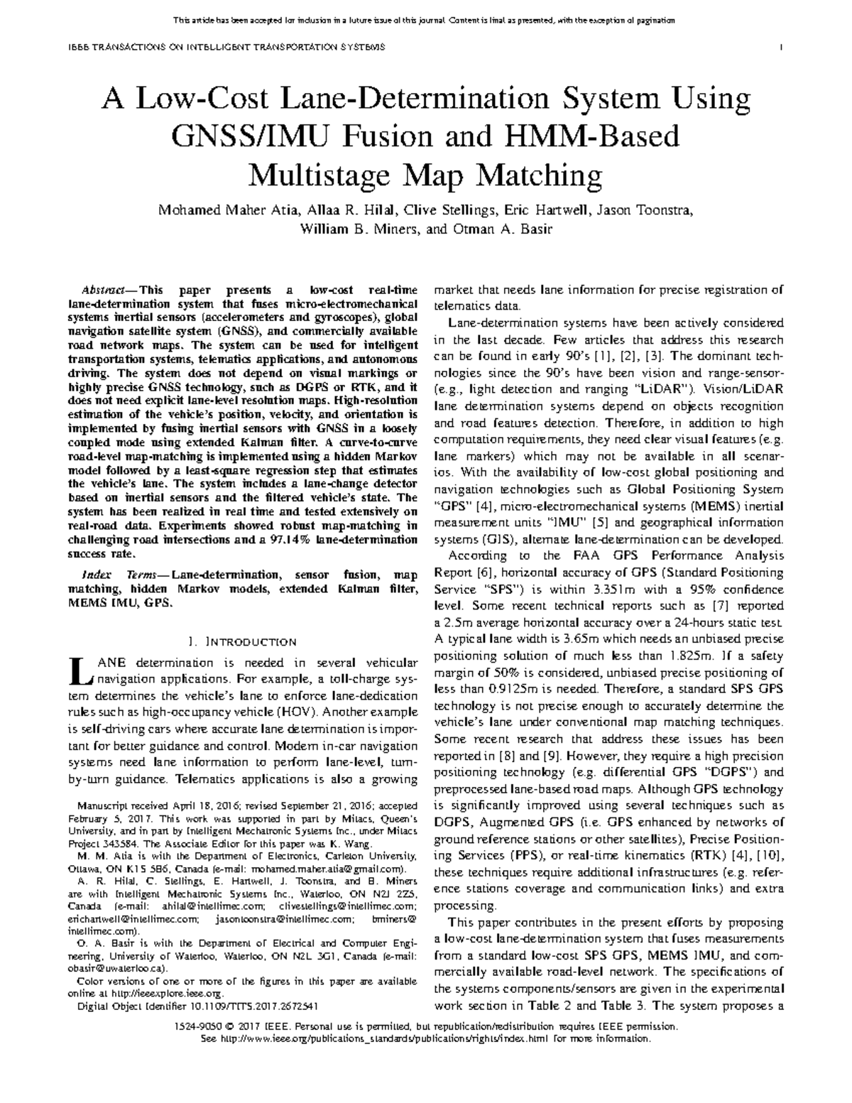 A Low-Cost Lane-Determination System Using GNSS IMU Fusion and HMM ...