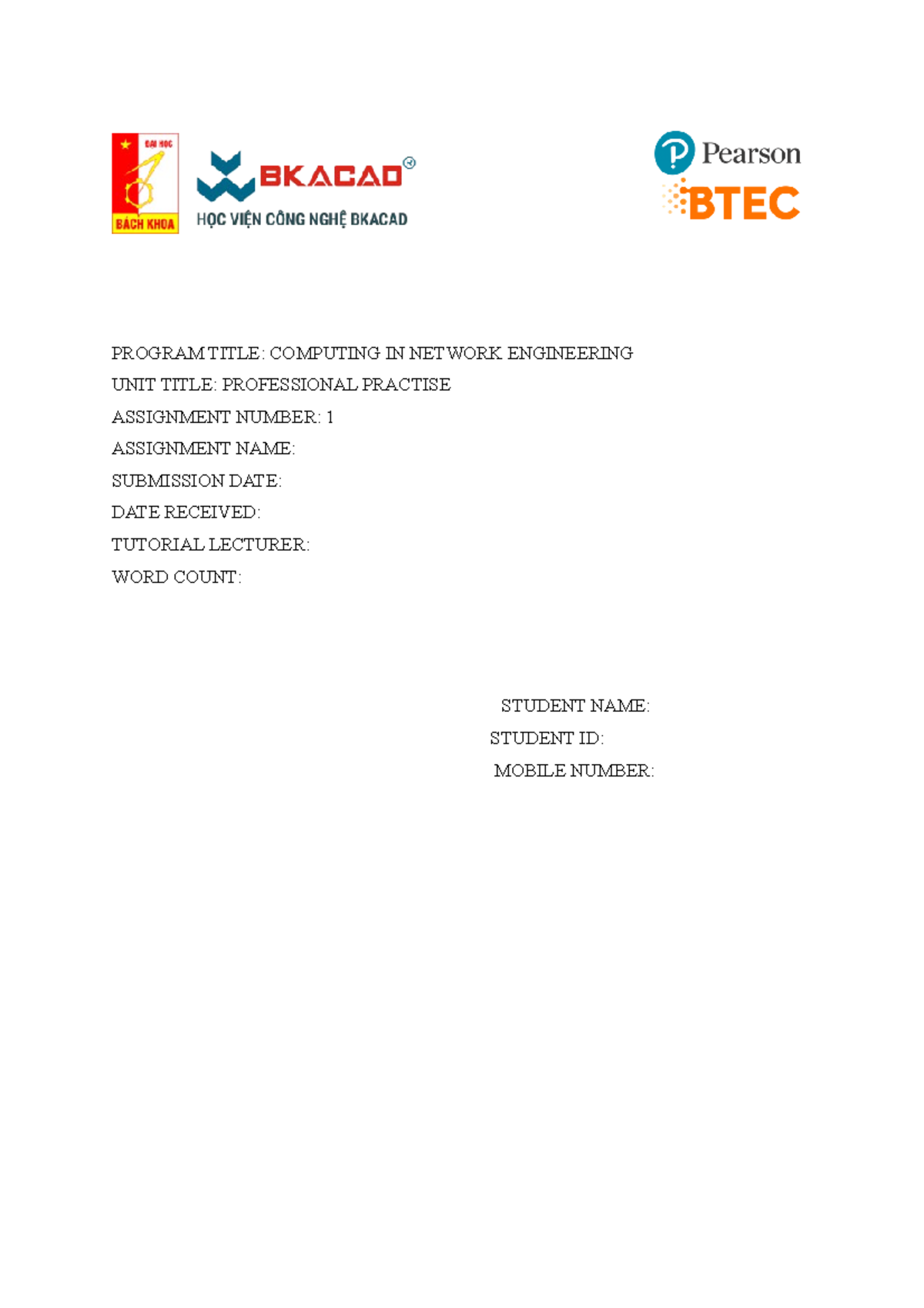 Professional Practise Asm 1 - PROGRAM TITLE: COMPUTING IN NETWORK ENGINEERING UNIT TITLE: - Studocu