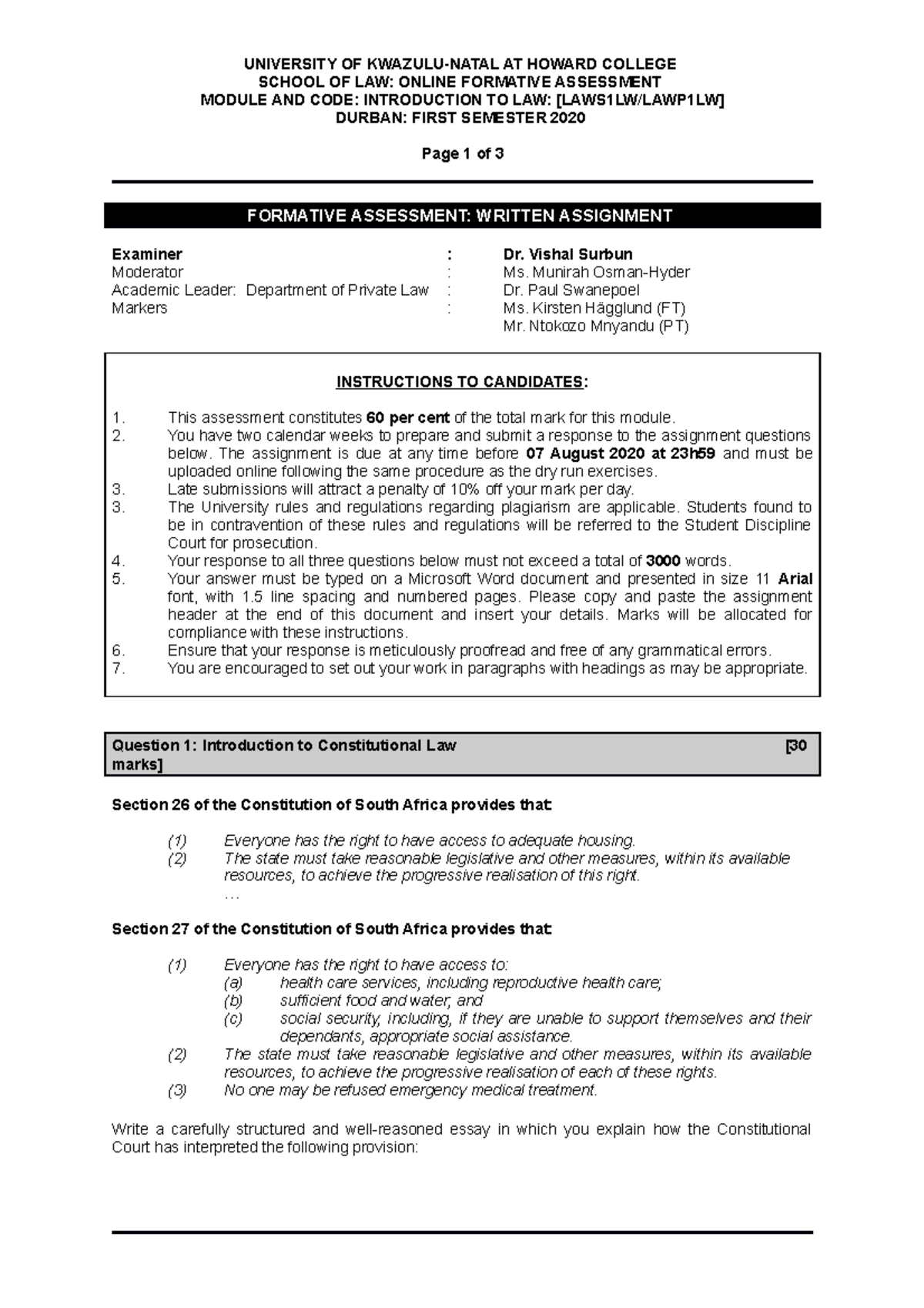 Introduction to law - take-home test 1 - LAWS1LW - UKZN - Studocu