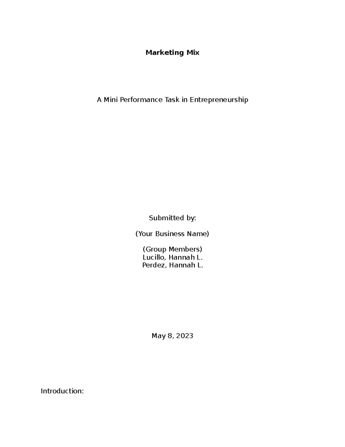 4Q POM - Mini PT - Template - Marketing Mix A Mini Performance Task in ...