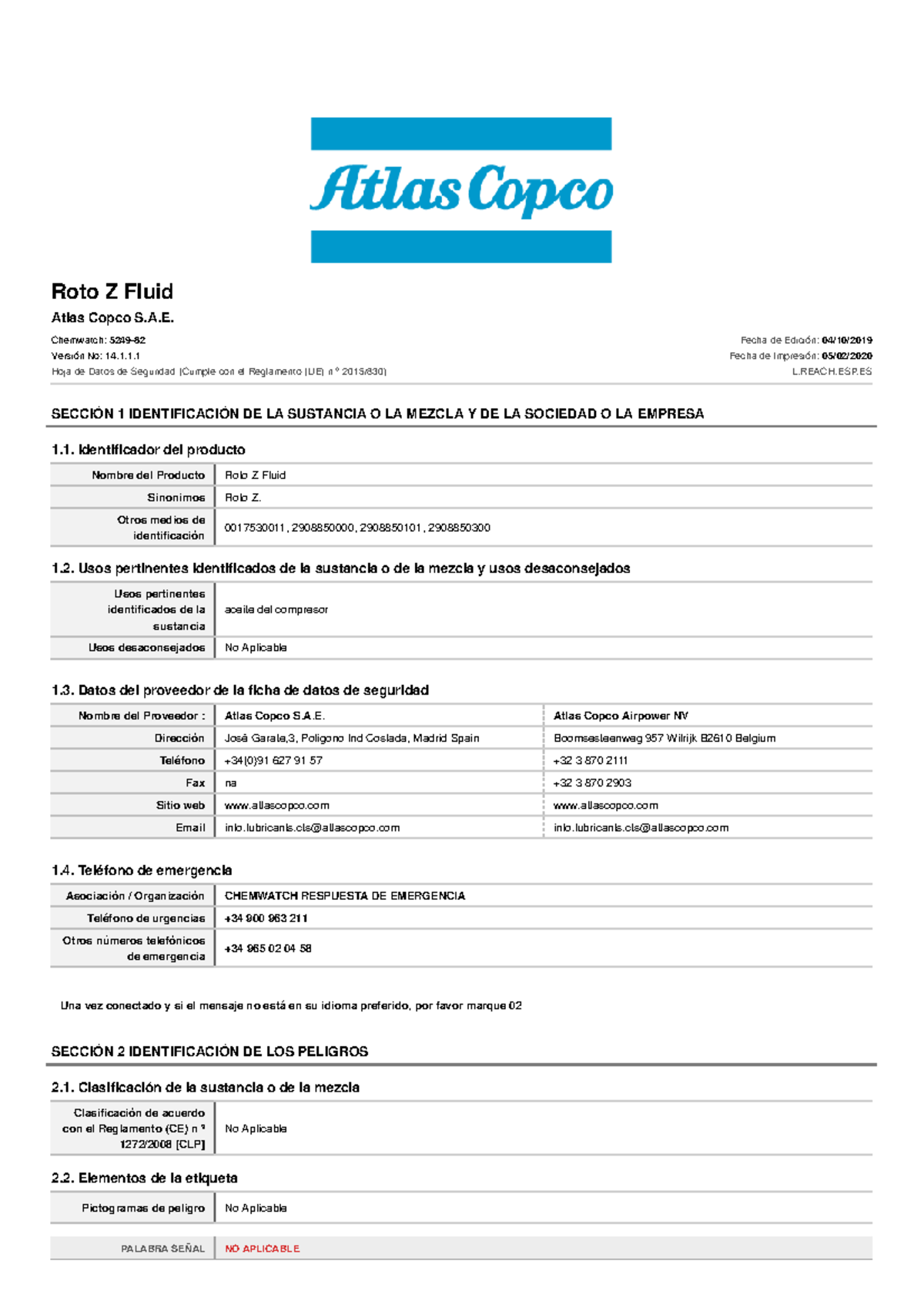 Hoja de seguridad Roto Z Fluid - Atlas Copco S.A. Roto Z Fluid ...