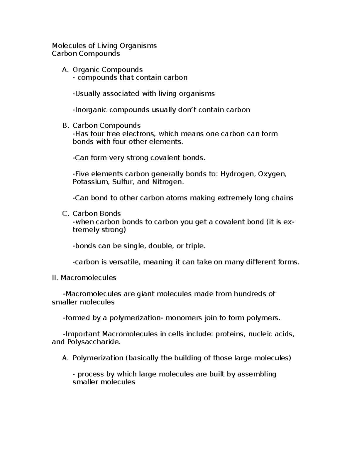 Chemlifeoutlinecont - Chemistry Life - Molecules of Living Organisms ...