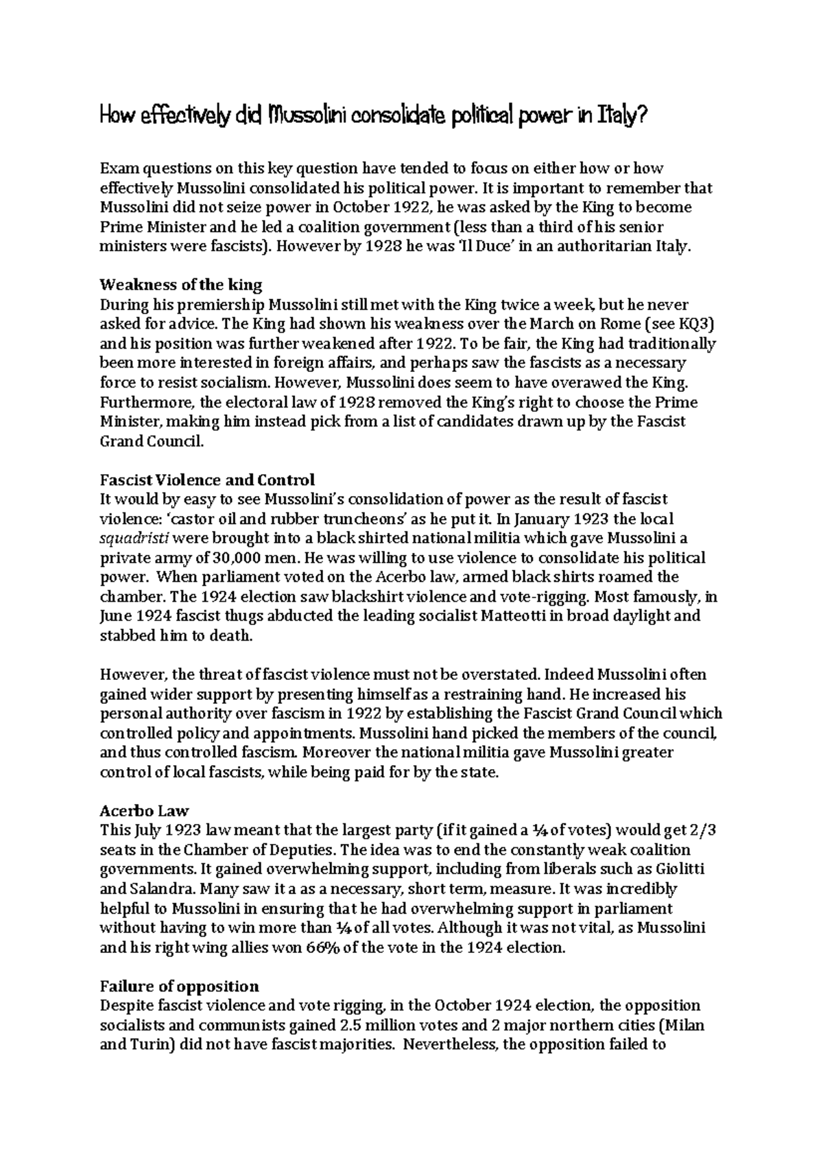 Mussolini - how effectively did mussolini consolidate power in italy ...