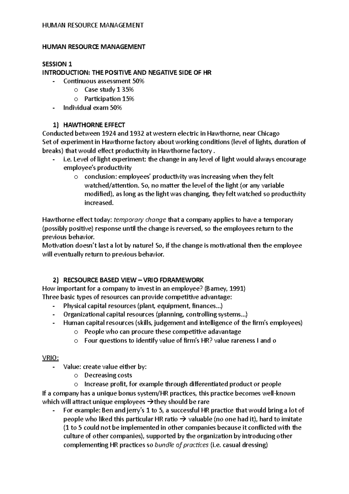 HRM notes from session 1 to 4 - HUMAN RESOURCE MANAGEMENT SESSION 1 ...