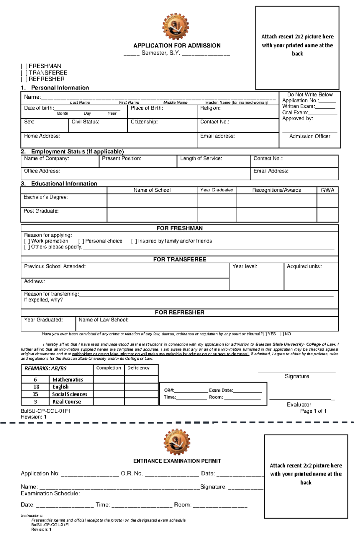 Bulsu-COL- Admission-FORM - REMARKS: AB/BS Completion Deficiency 6 ...