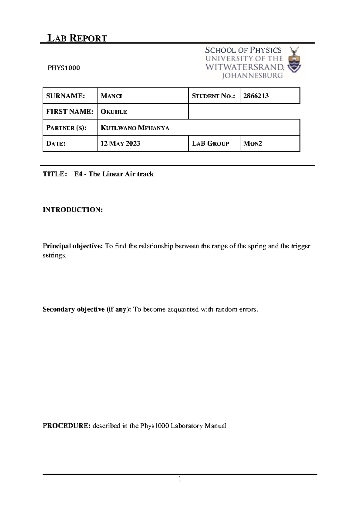 Air Track Lab report 2866213 - LAB REPORT SCHOOL OF PHYSICS PHYS ...