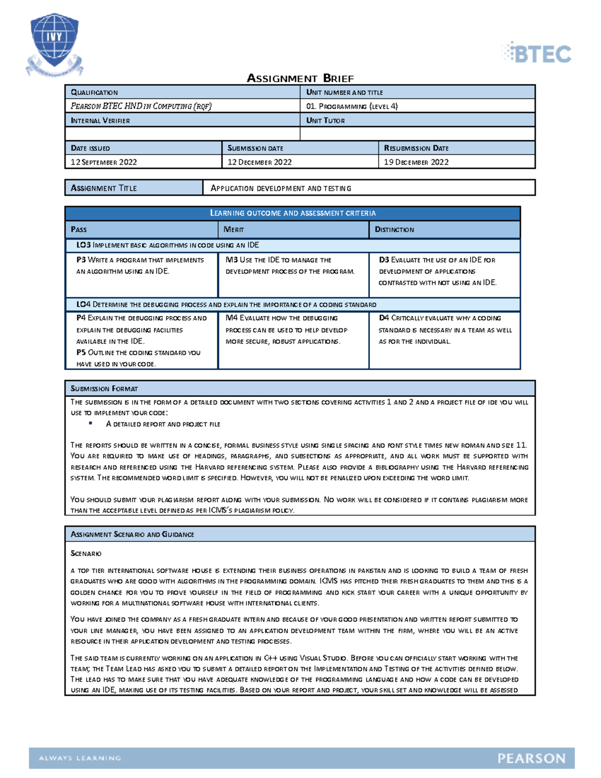 Assignment Brief Unit 01b Programming Sep 2022 - ASSIGNMENT BRIEF QUALIFICATION UNIT NUMBER AND ...