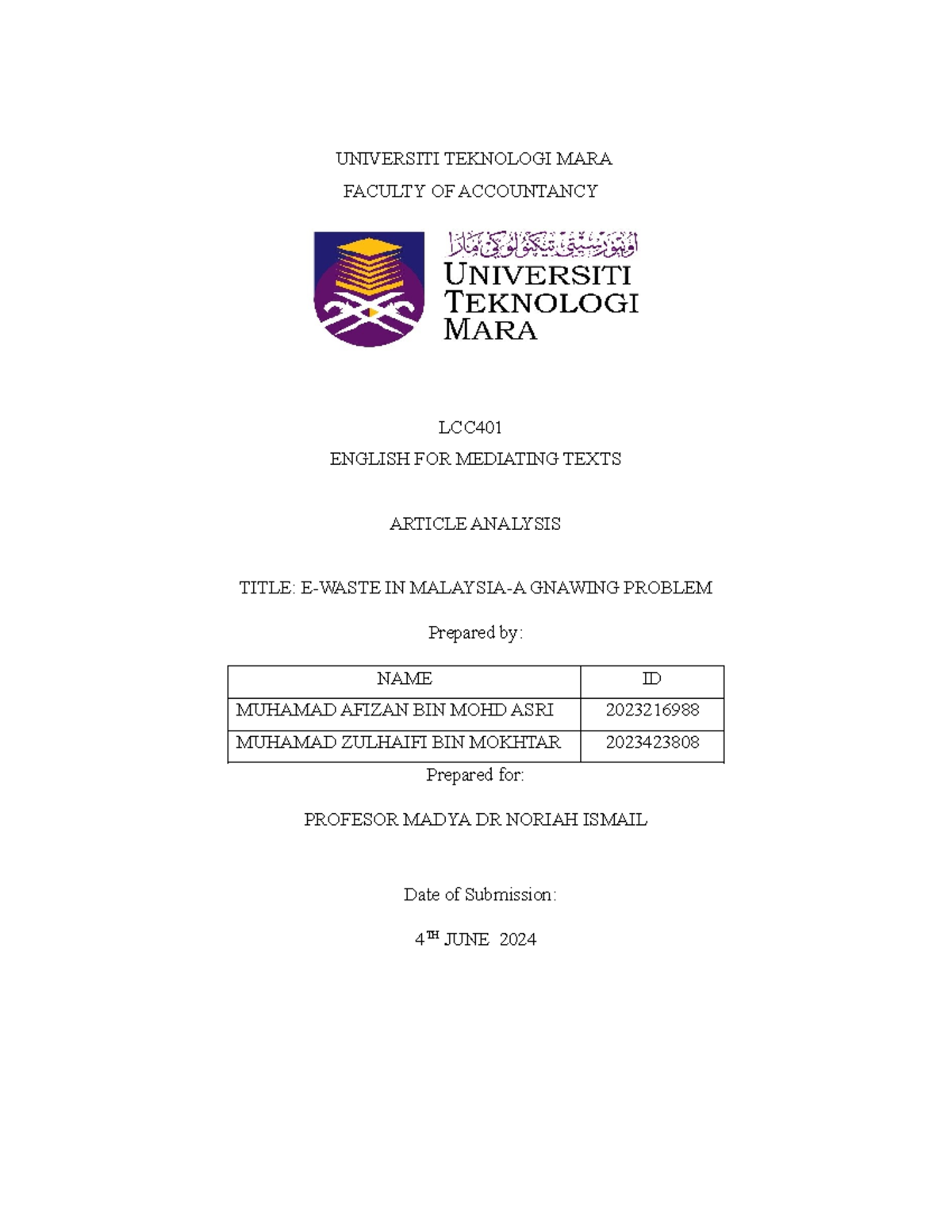 Cover PAGE - UNIVERSITI TEKNOLOGI MARA FACULTY OF ACCOUNTANCY LCC ...