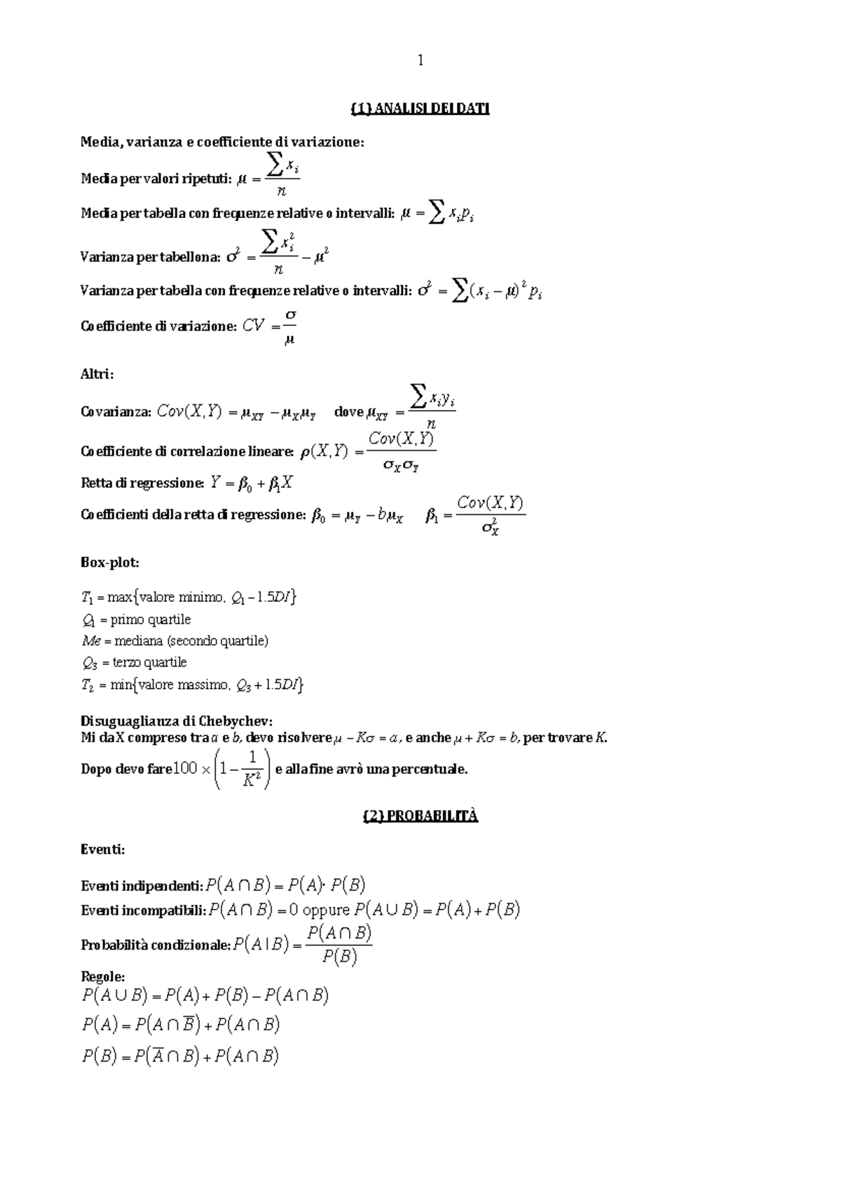 Formule statistica - 1 (1) ANALISI DEI DATI Media, varianza e ...