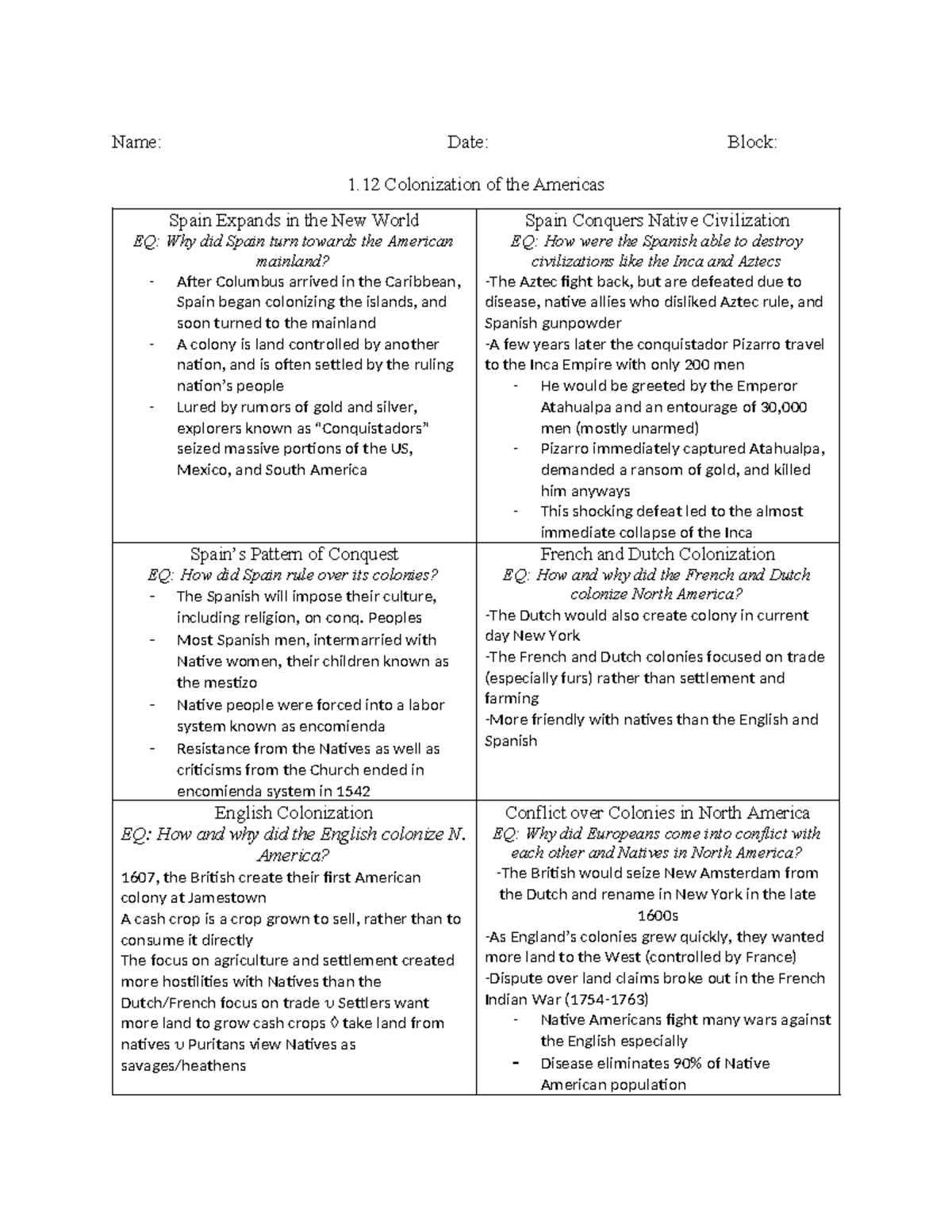 1.12 Colonization of the Americas GO - Name: Date: Block: 1 ...