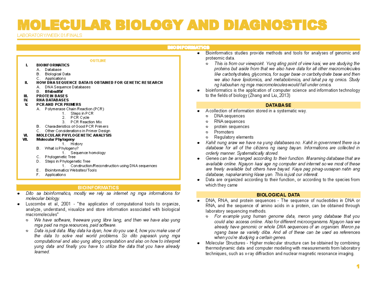 Molbio LAB Finals WEEK 1 - MOLECULAR BIOLOGY AND DIAGNOSTICS LABORATORY ...