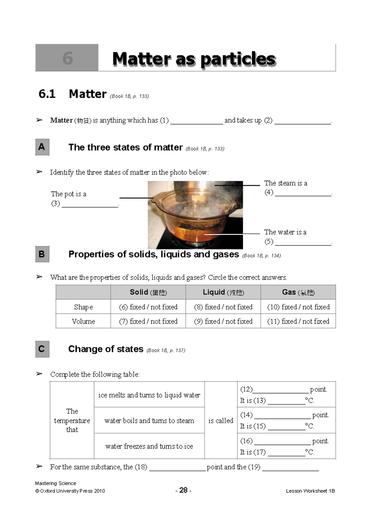 Science chapter 6 - Worksheet for matters chemistry - Matter (物質) is ...