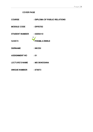 DPR2605 Assignment 2 - NAME: NOKUBONGA KHANYILE STUDENT NUMBER: MODULE NAME: DPR MODULE CODE ...