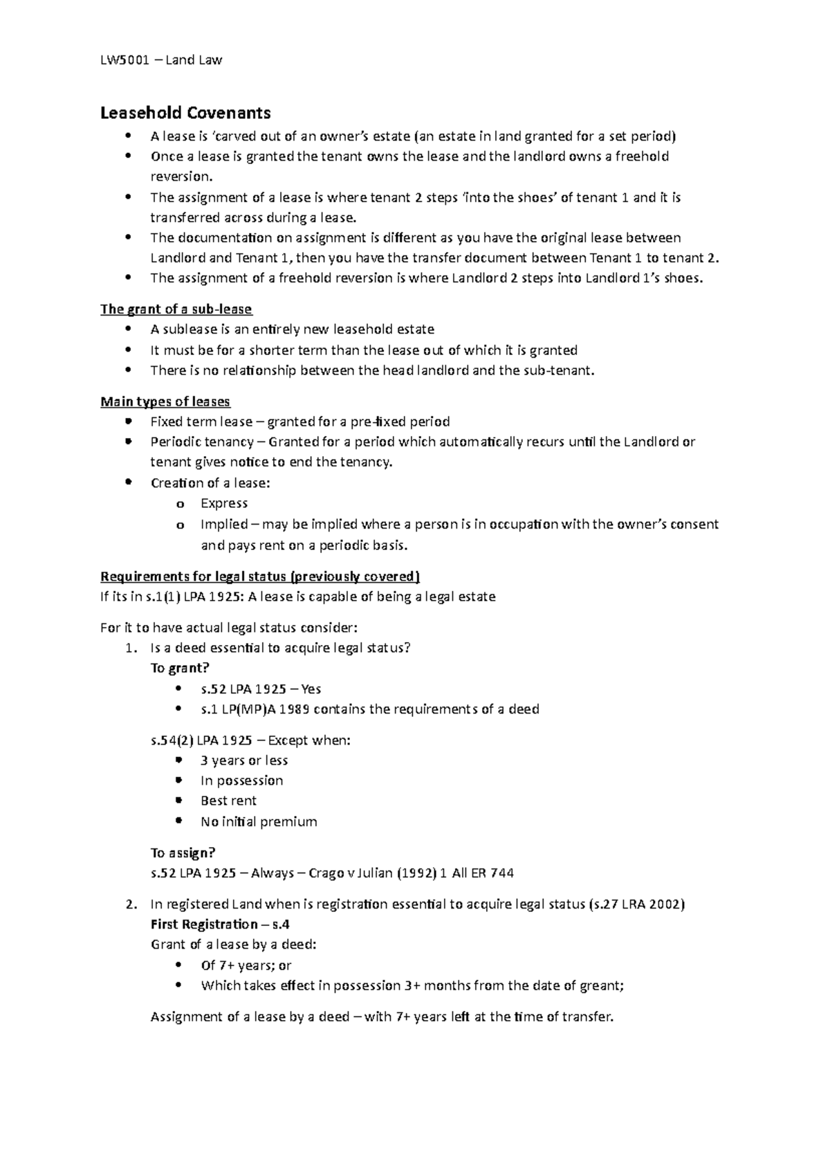 Land Law - Leashold Covenants - Leasehold Covenants A lease is ‘carved out of an owner’s estate ...