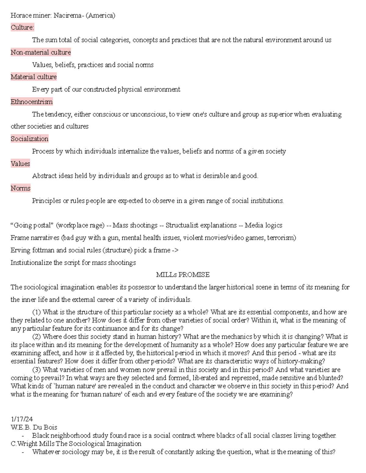 SOCI notes 101 first exam - Horace miner: Nacirema- (America) Culture ...