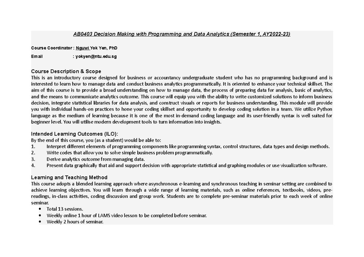AB0403 Course Outline - AB0403 Decision Making with Programming and ...