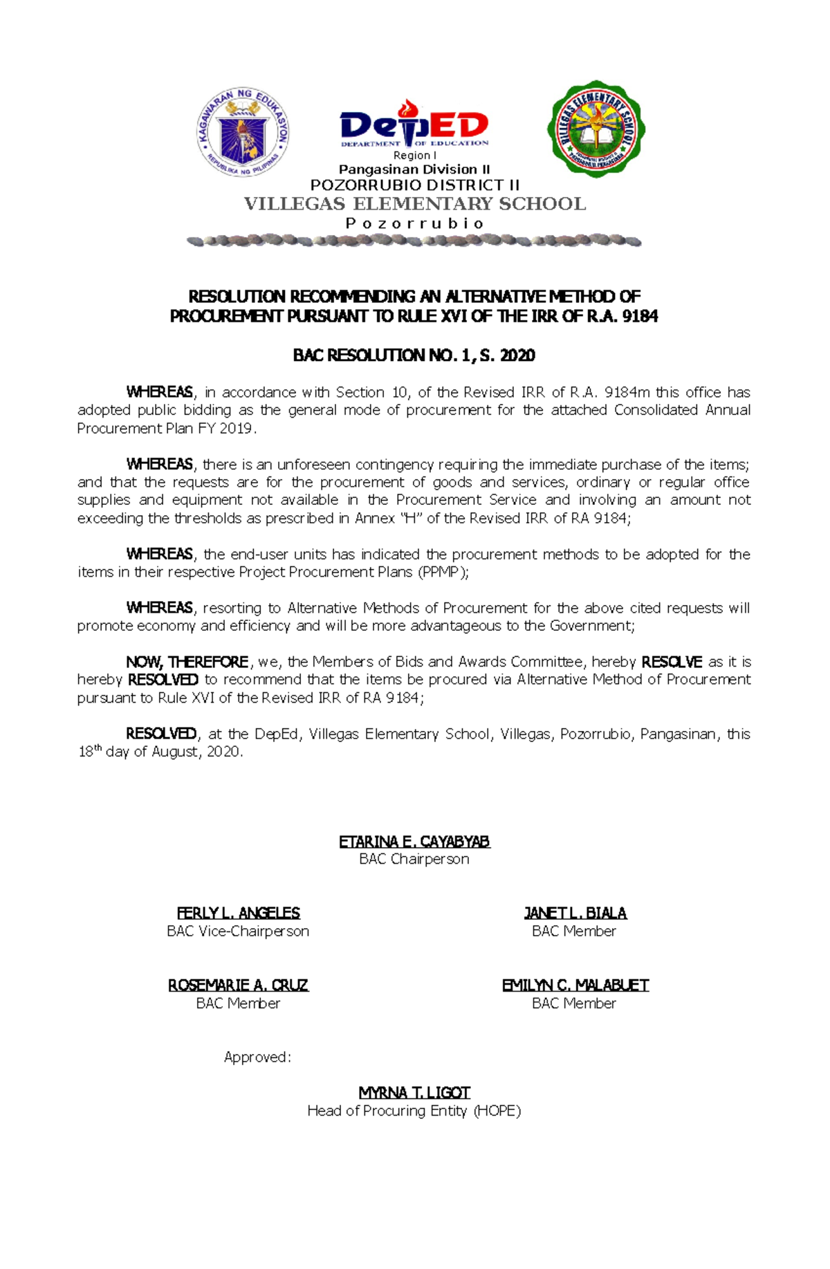 9 bac resolution - Template Material - Region I Pangasinan Division II ...