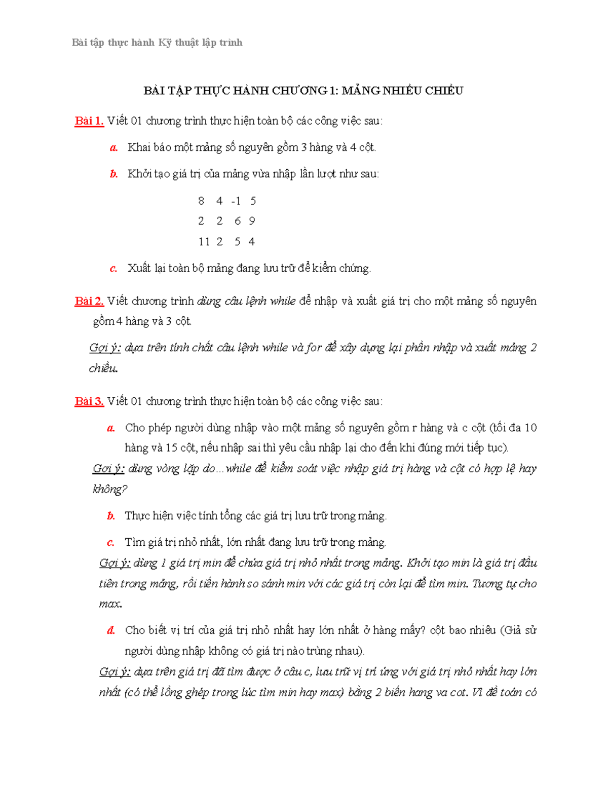 KTLT-1 - fsdf - BÀI TẬP THỰC HÀNH CHƯƠNG 1: MẢNG NHIỀU CHIỀU Bài 1 ...