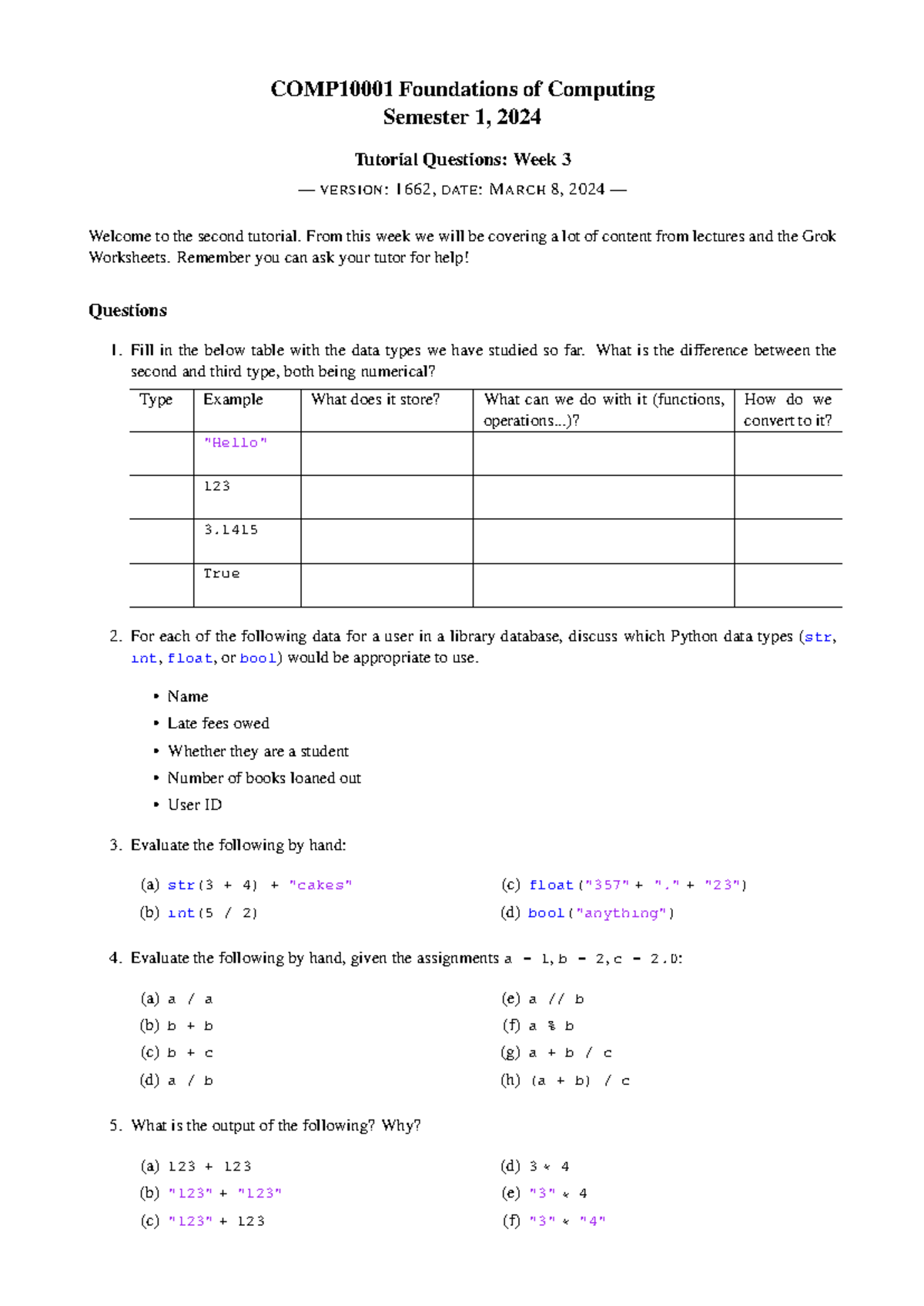 Tutesheet week3 - COMP10001 Foundations of Computing Semester 1, 2024 ...